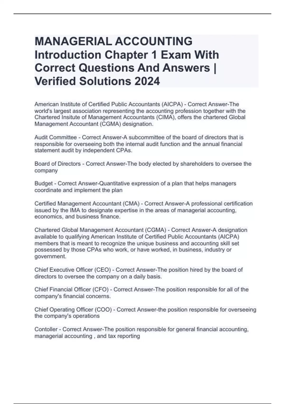 MANAGERIAL ACCOUNTING Introduction Chapter 1 Exam With Correct ...