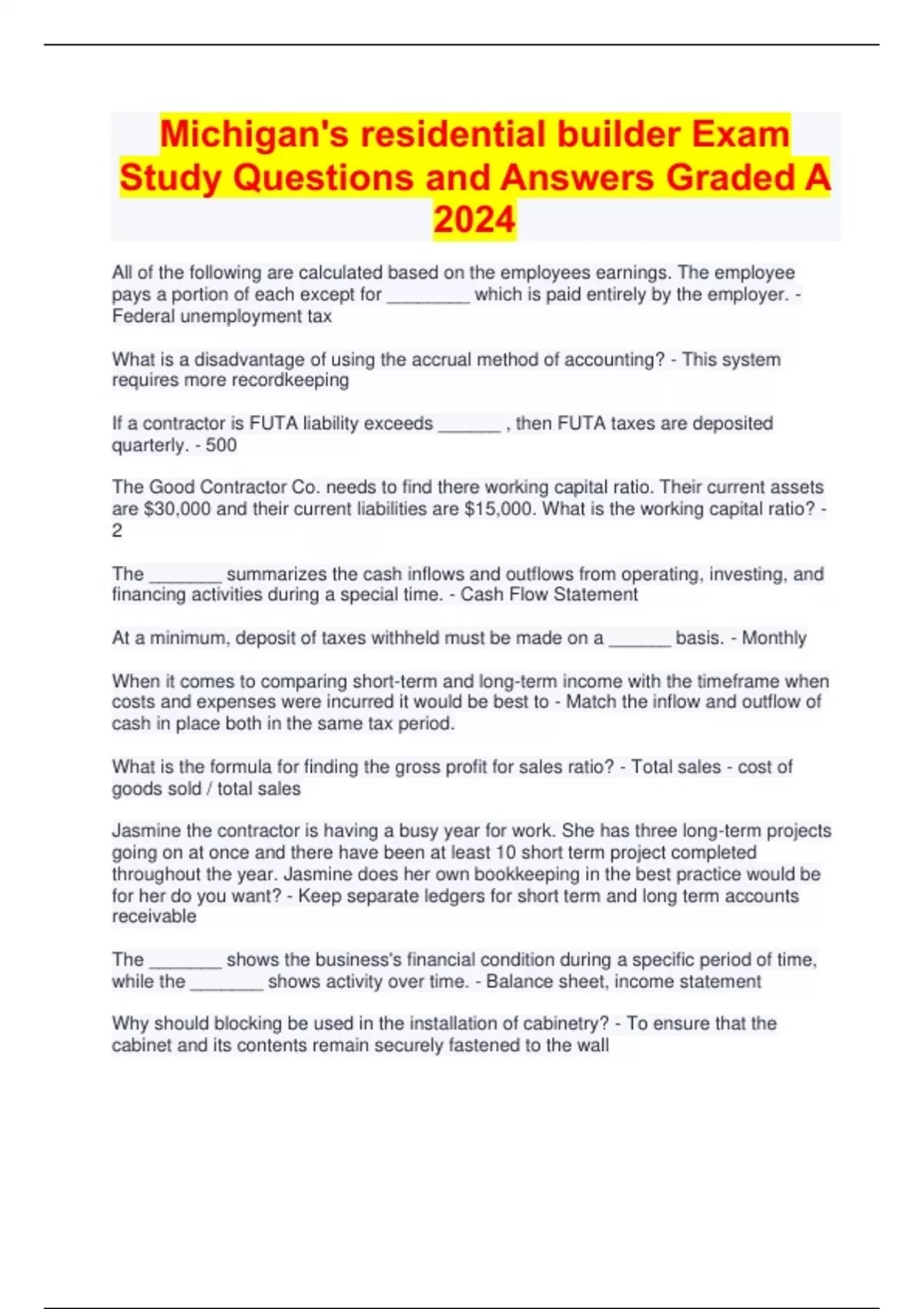 Michigan's residential builder Exam Study Questions and Answers Graded ...