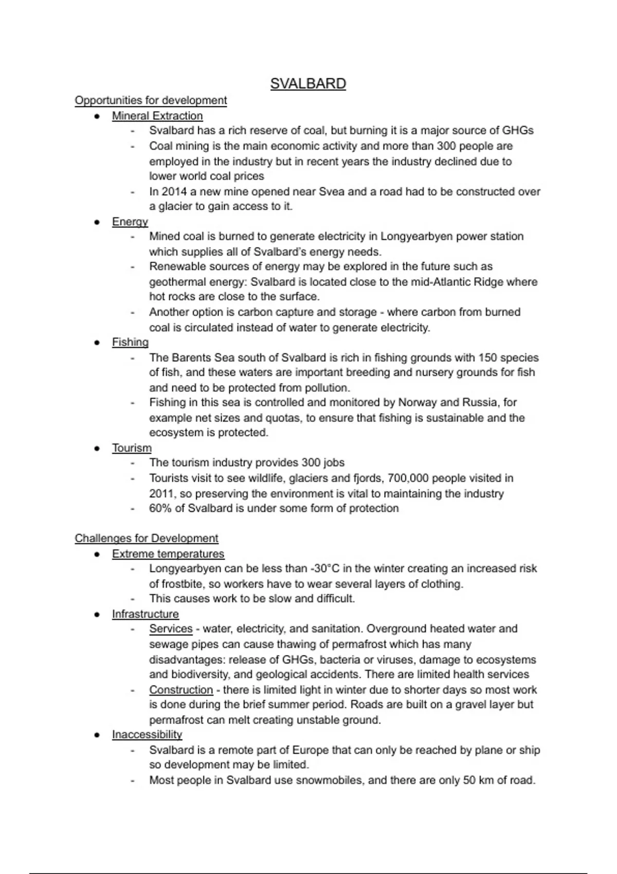 Summary Geography AQA GCSE Svalbard case study - cold environment ...