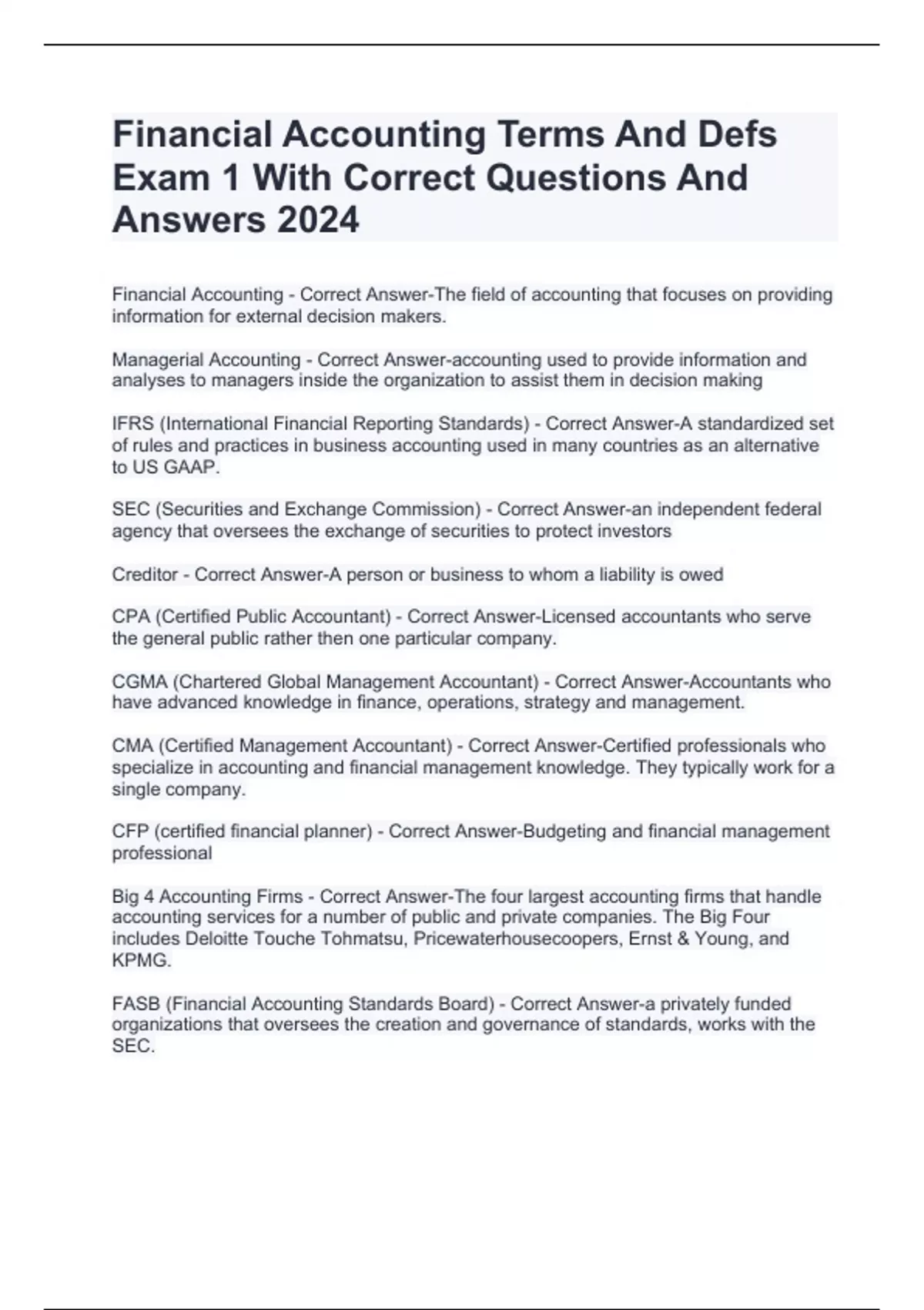 Financial Accounting Terms And Defs Exam 1 With Correct Questions And ...