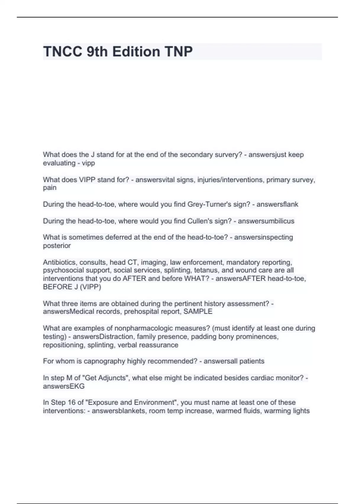 TNCC 9th Edition TNP questions with solutions - TNCC - Stuvia US