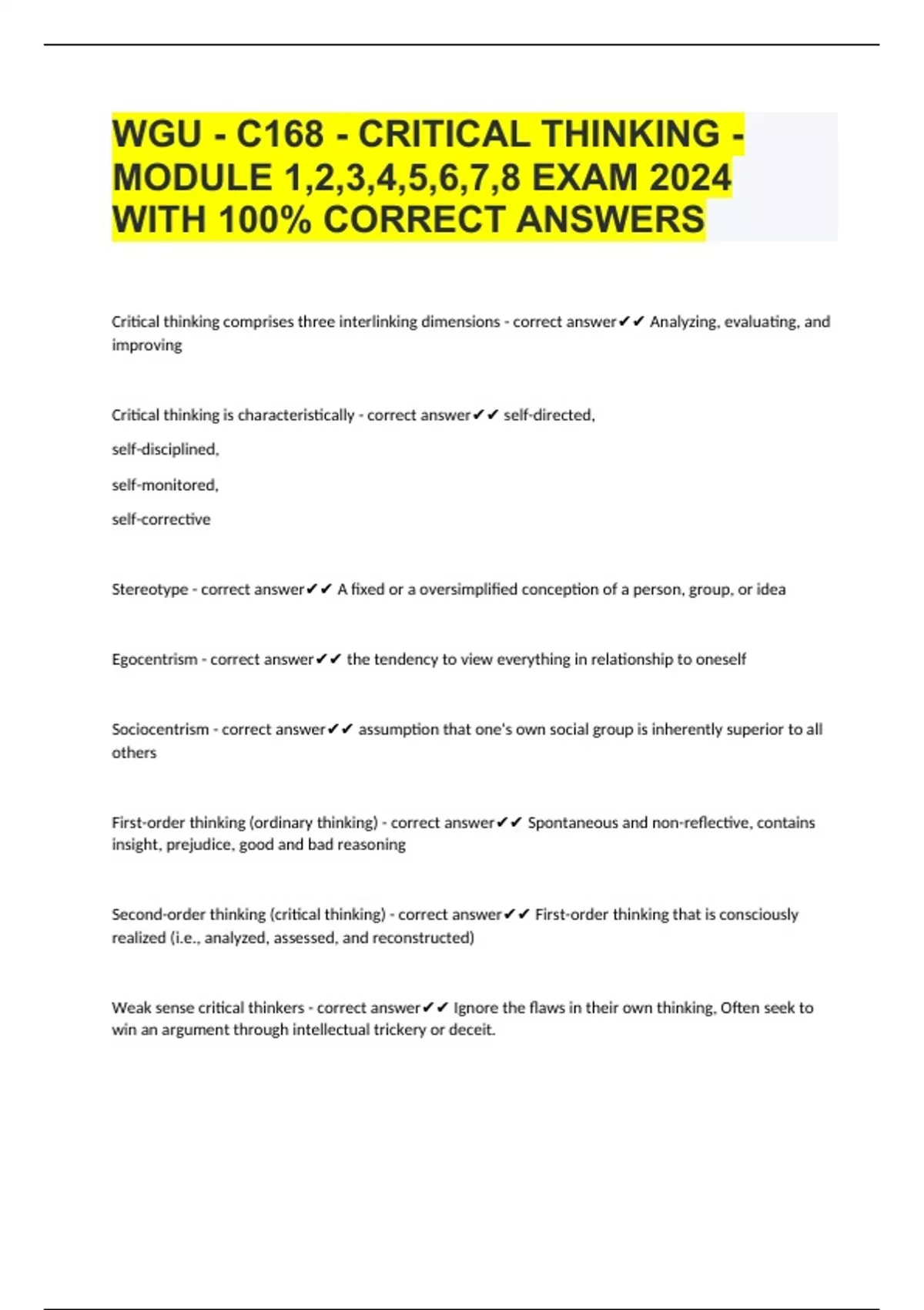 WGU - C168 - CRITICAL THINKING - MODULE 1,2,3,4,5,6,7,8 EXAM 2024 WITH 100% CORRECT ANSWERS ...