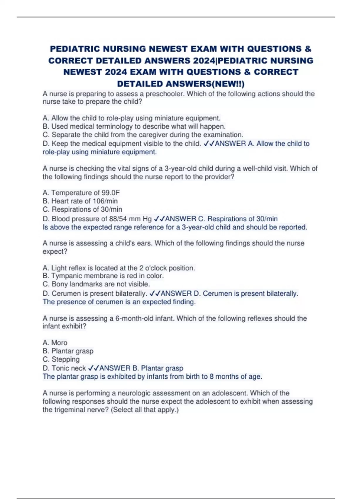 PEDIATRIC NURSING NEWEST EXAM WITH QUESTIONS & CORRECT DETAILED ANSWERS ...