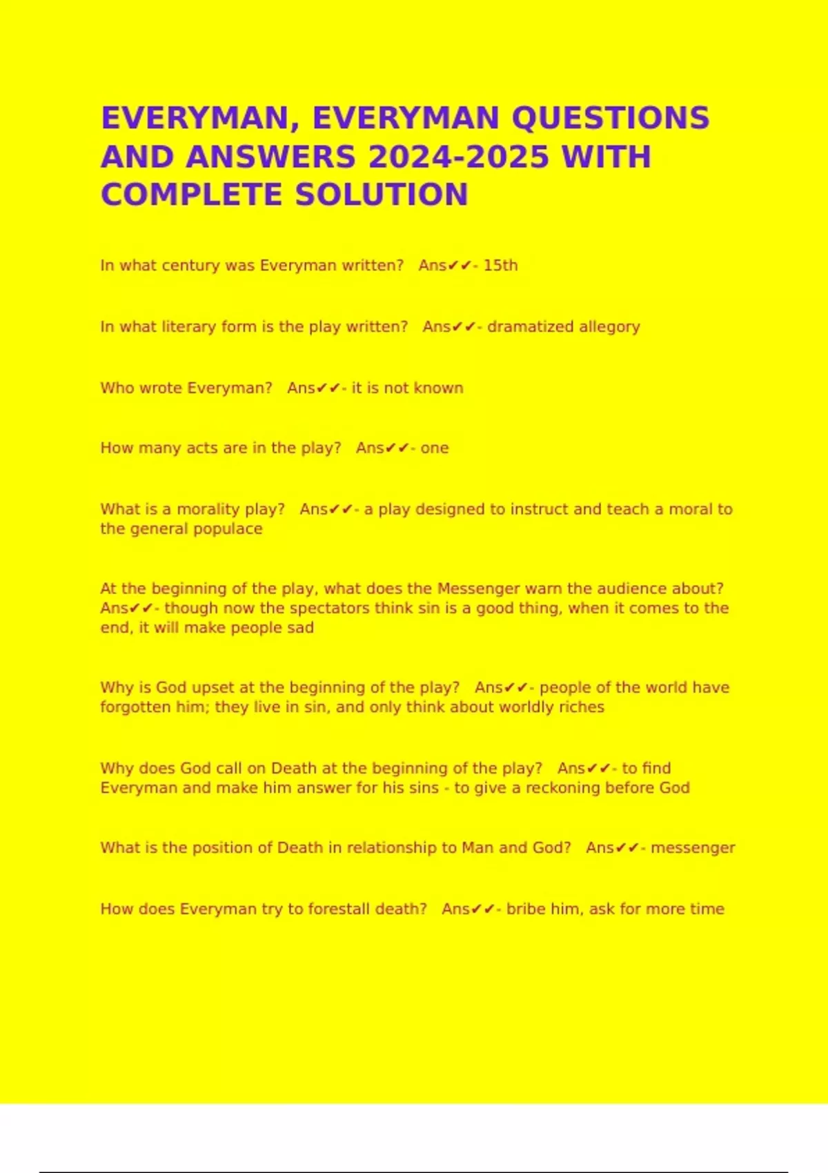 EVERYMAN, EVERYMAN QUESTIONS AND ANSWERS WITH COMPLETE SOLUTION ...