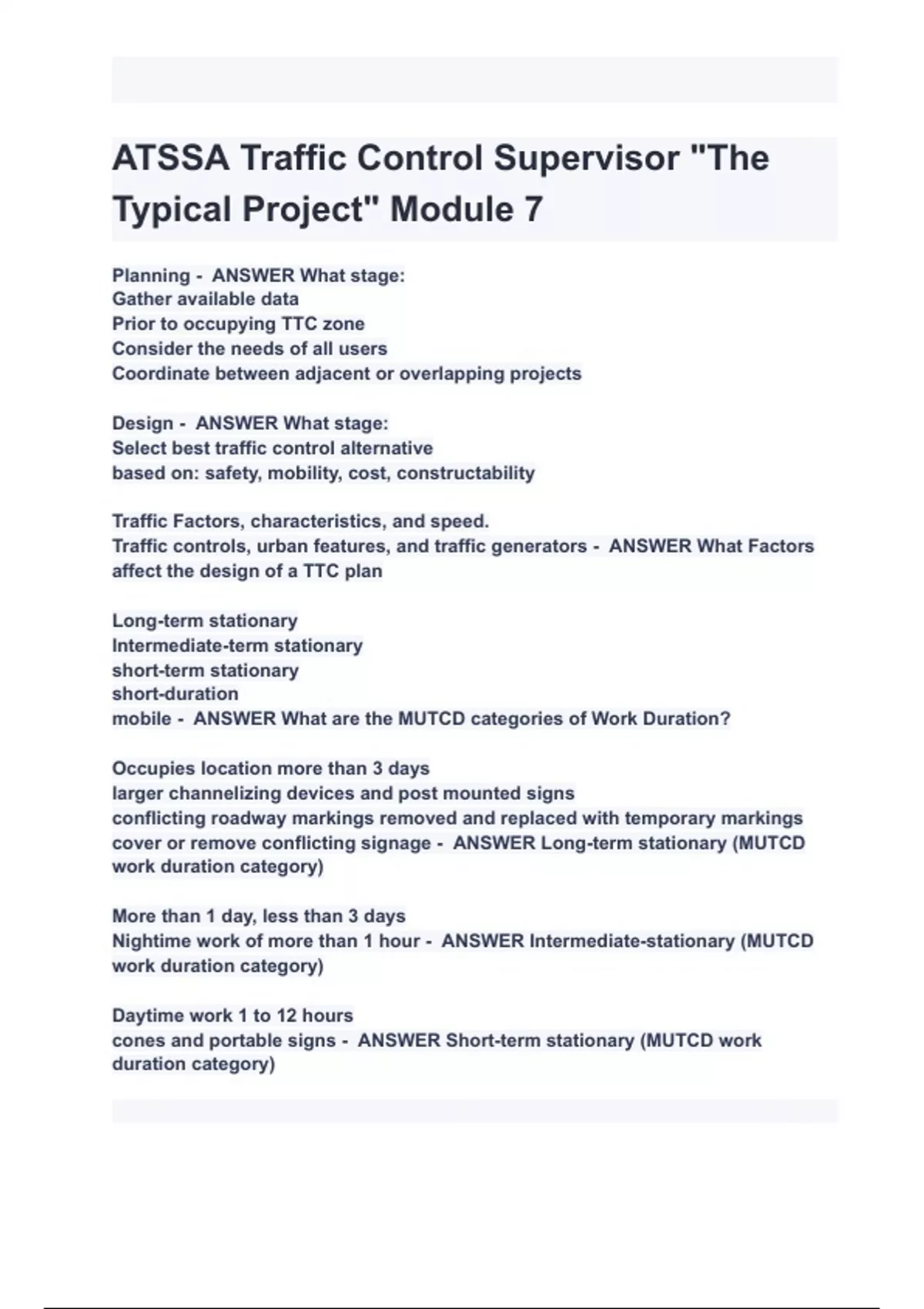 Atssa Traffic Control Supervisor The Typical Project Module 7 Exam Questions And Answers 2024