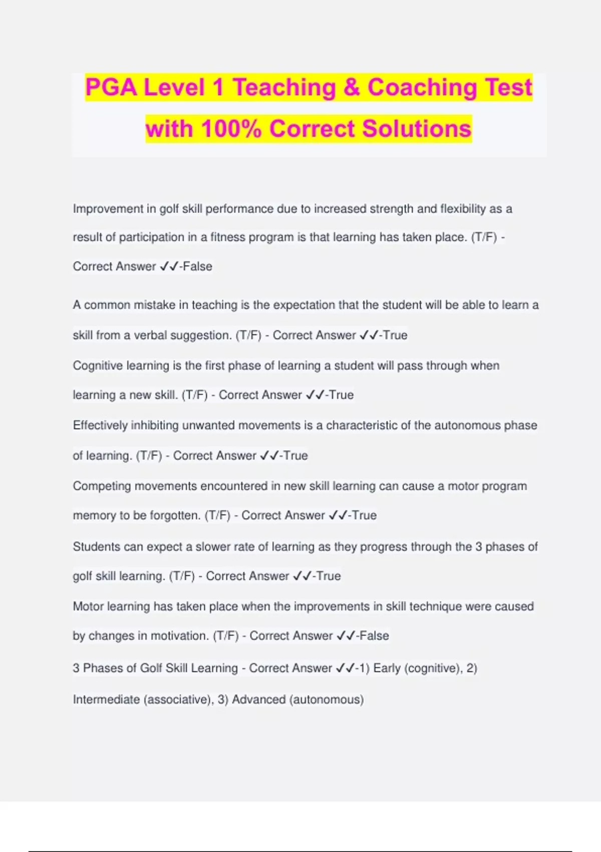 PGA Level 1 Teaching & Coaching Test with 100% Correct Solutions - PGA ...