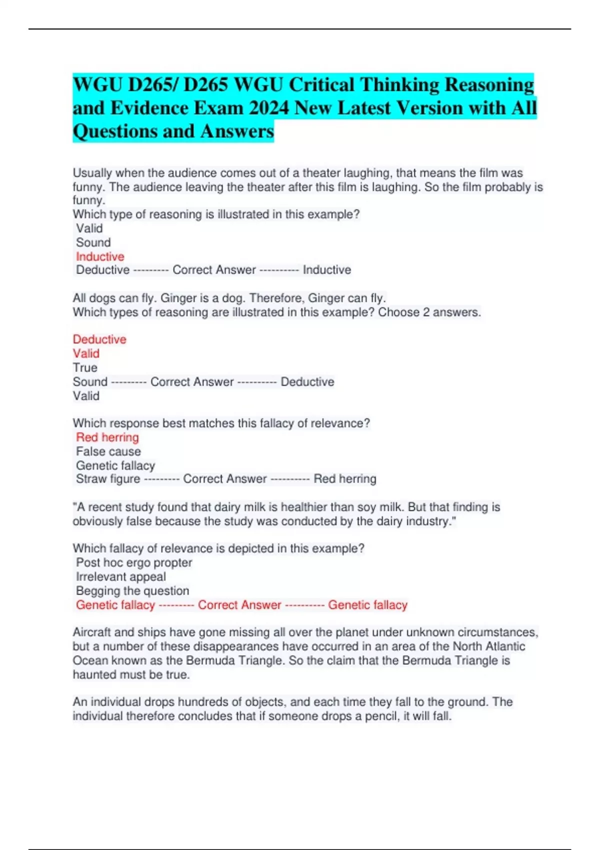 WGU D265/ D265 WGU Critical Thinking Reasoning and Evidence Exam 2024 ...
