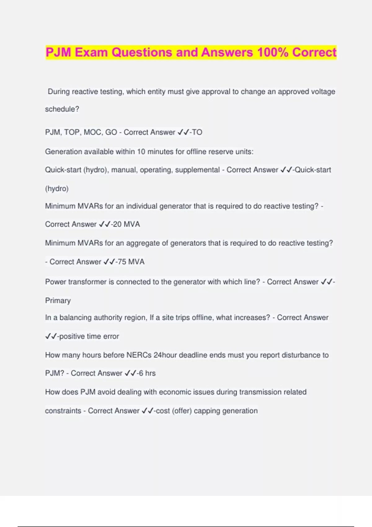 PJM Exam Questions and Answers 100% Correct - PJM Generation - Stuvia US