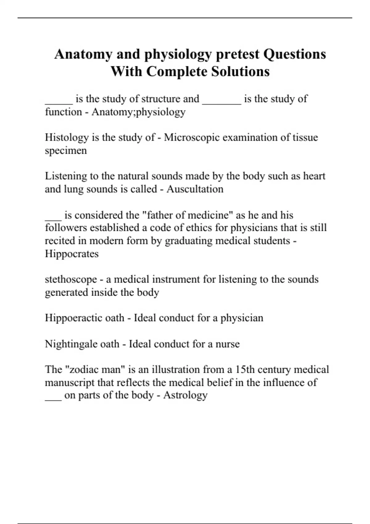Anatomy and physiology pretest Questions With Complete Solutions ...