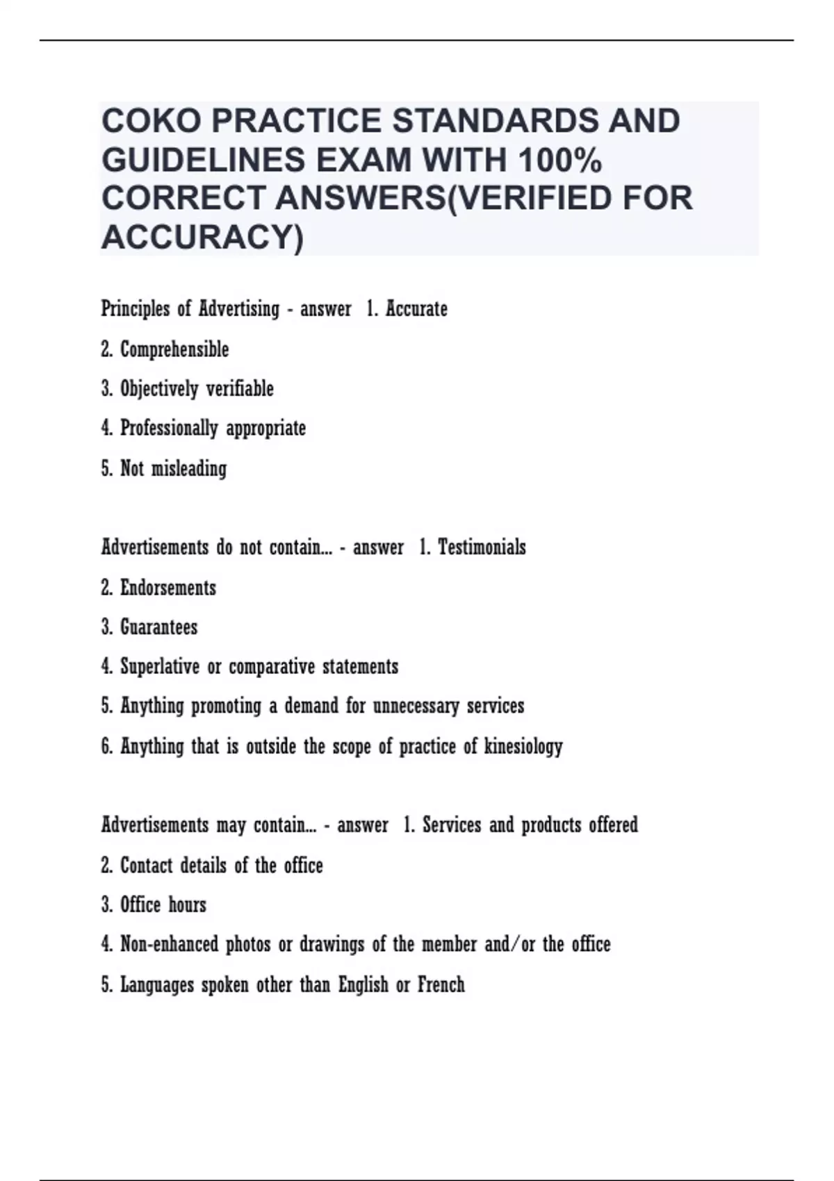 COKO PRACTICE STANDARDS AND GUIDELINES EXAM WITH 100% CORRECT ANSWERS - COKO - Stuvia US
