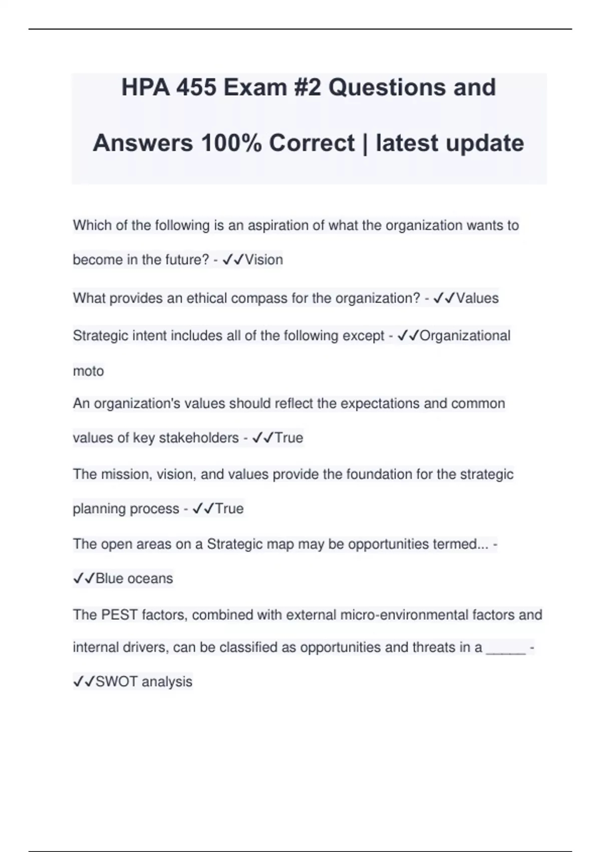 HPA 455 Exam #2 Questions and Answers 100% Correct | latest update ...