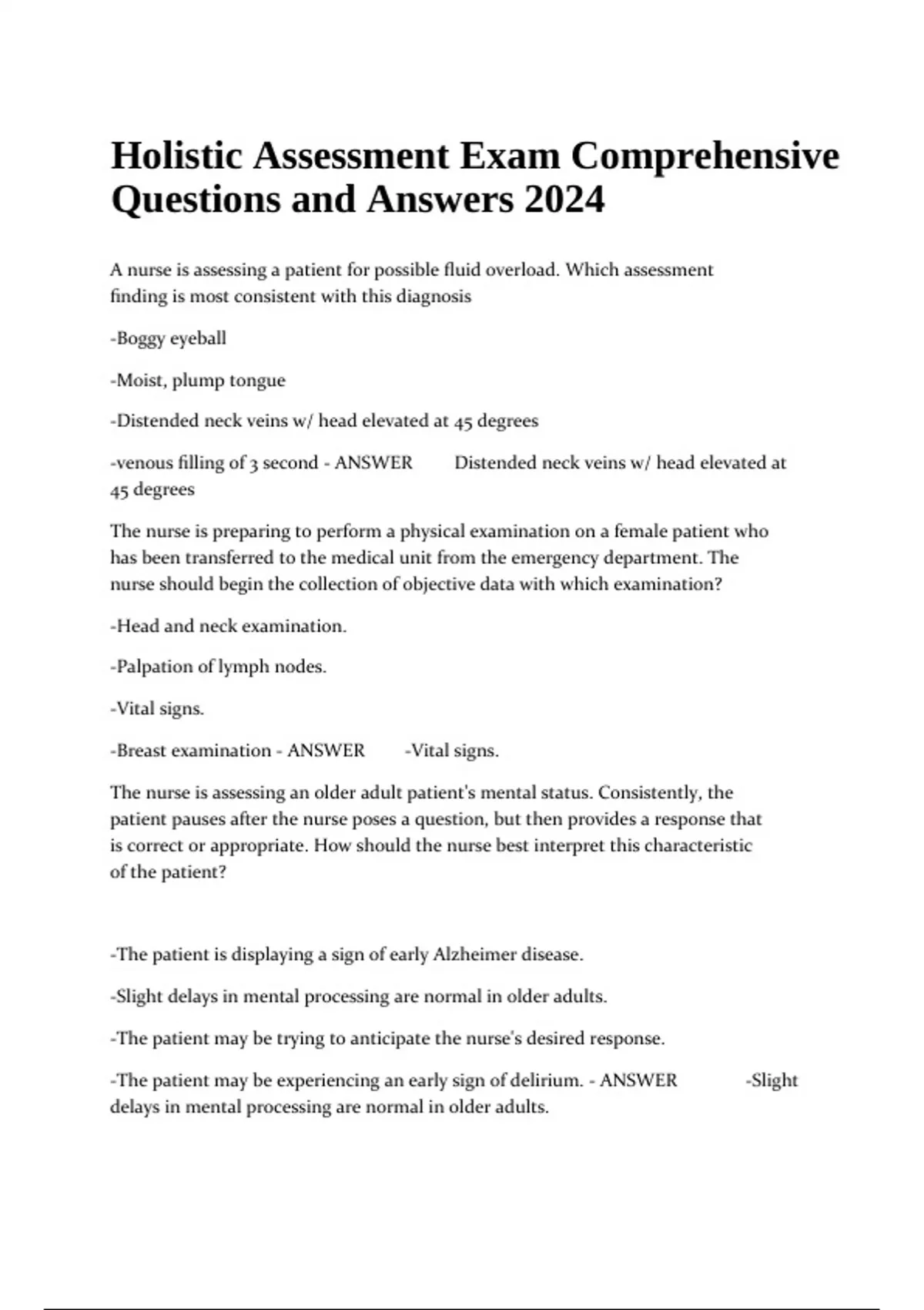 Holistic Assessment Exam Comprehensive Questions and Answers 2024 ...