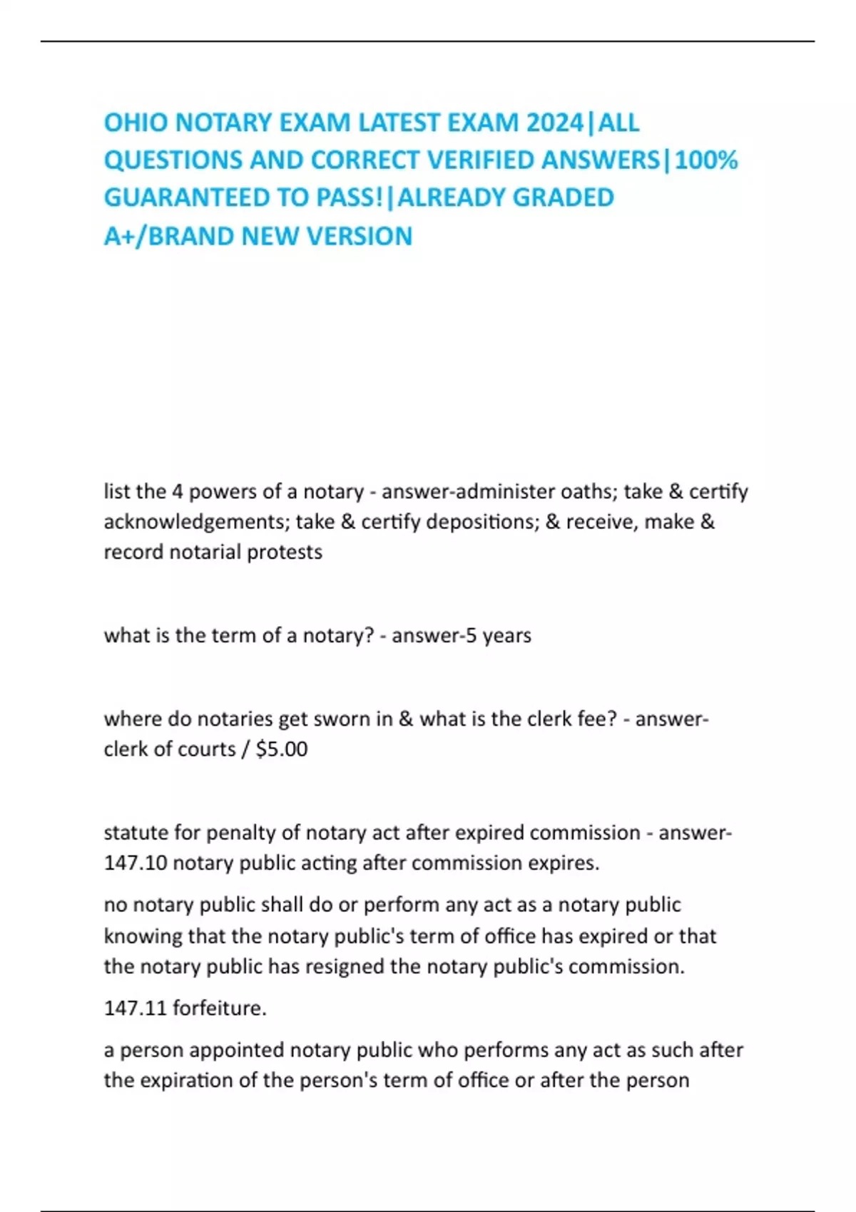 OHIO NOTARY EXAM LATEST EXAM 2024|ALL QUESTIONS AND CORRECT VERIFIED ...