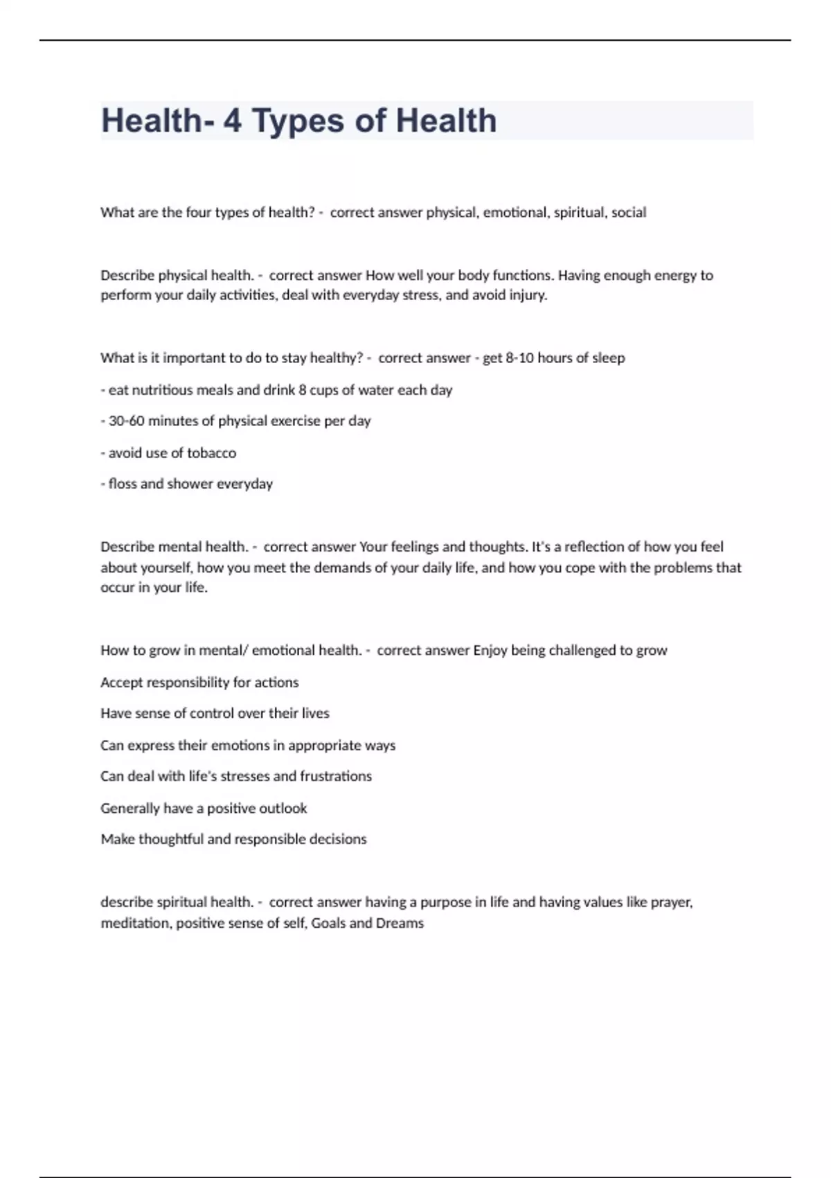 Health- 4 Types Of Health Correctly Answered Exam Questions 2024 ...