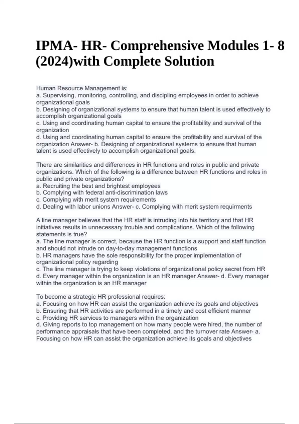 IPMA- HR- Comprehensive Modules 1- 8 (2024)with Complete Solution. - IPMA- HR - Stuvia US