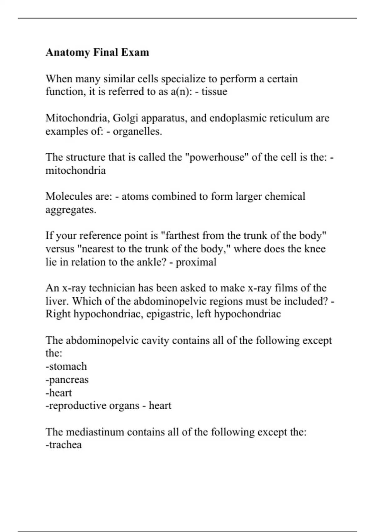 Anatomy Nightingale College -Anatomy Final Exam - Anatomy - Stuvia US