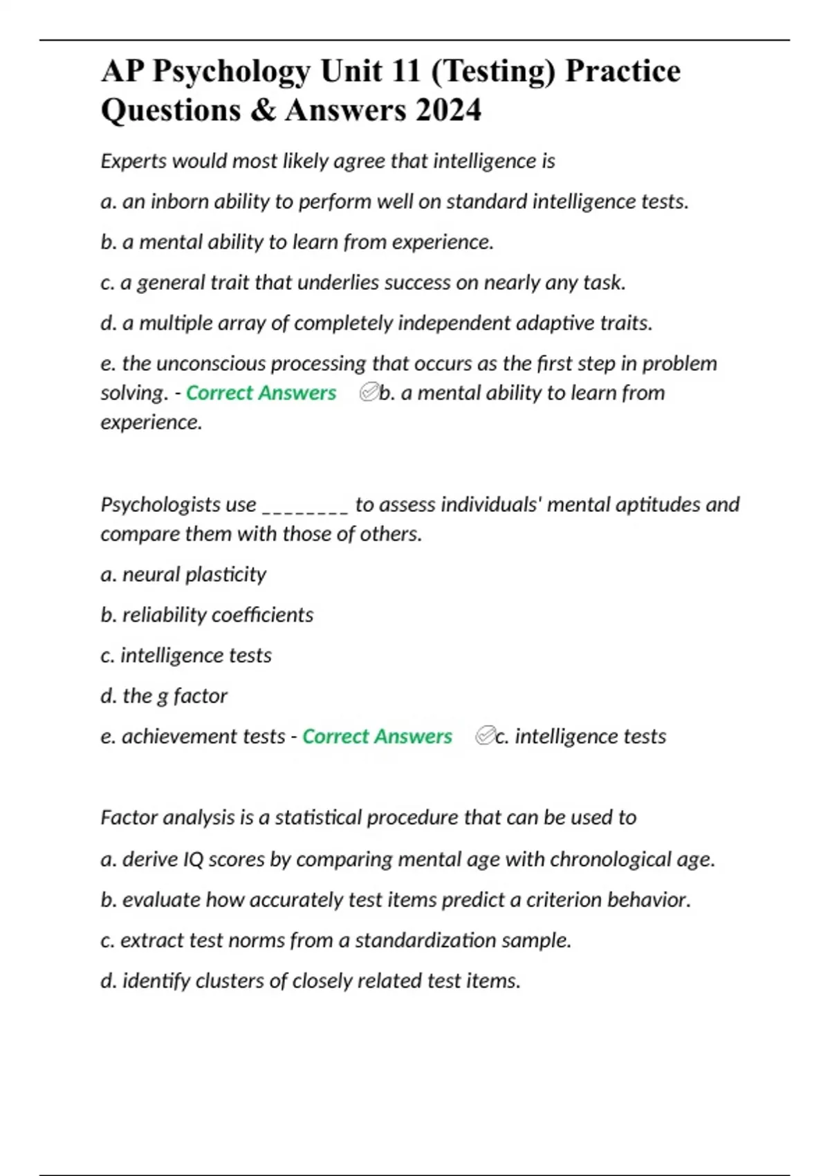 AP Psychology Unit 11 (Testing) Practice Questions & Answers 2024 - AP ...