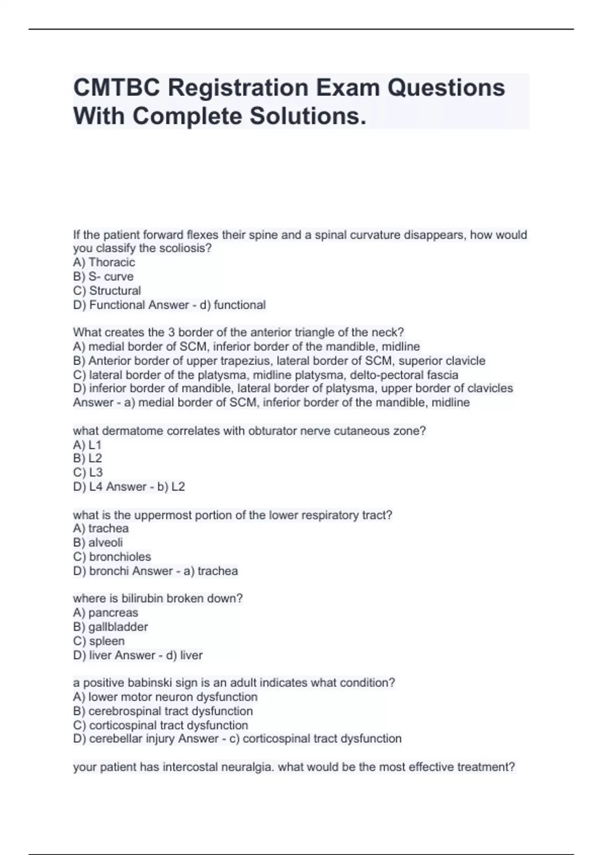 CMTBC Registration Exam Questions With Complete Solutions. - CMTBC ...