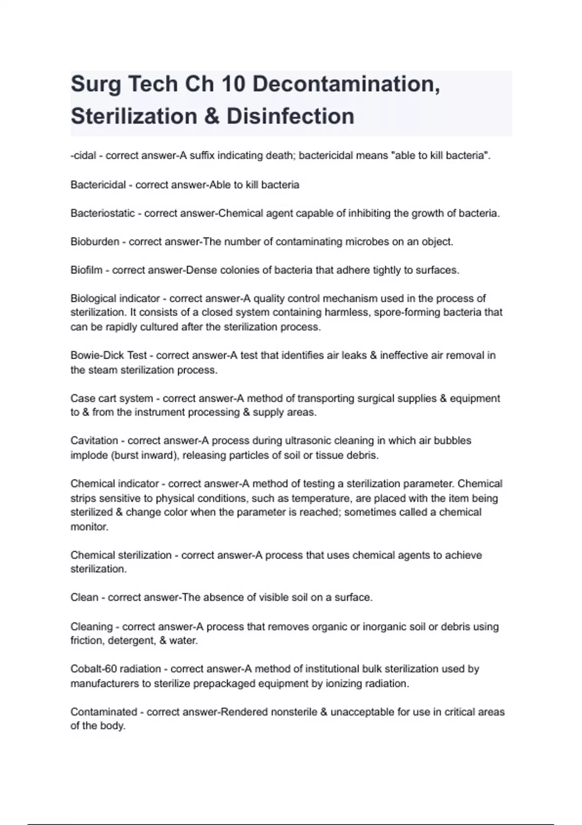 Surg Tech Ch 10 Decontamination, Sterilization & Disinfection - ALL ...