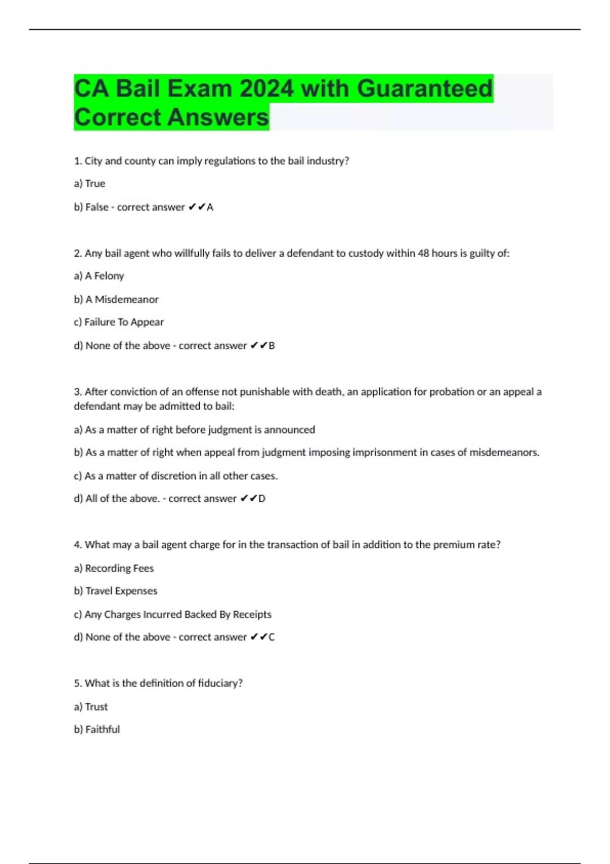 CA Bail Exam 2024 with Guaranteed Correct Answers - CA Bail - Stuvia US