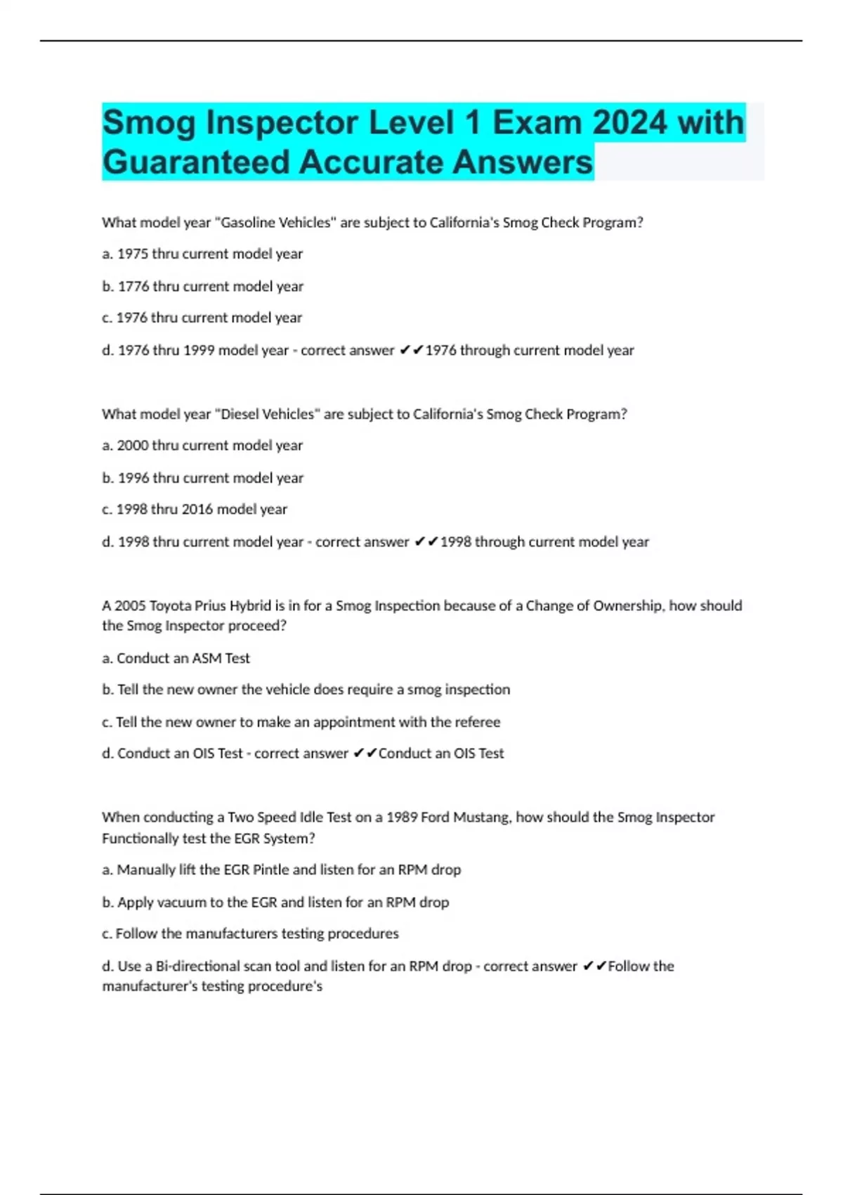 Smog Inspector Level 1 Exam 2024 with Guaranteed Accurate Answers ...