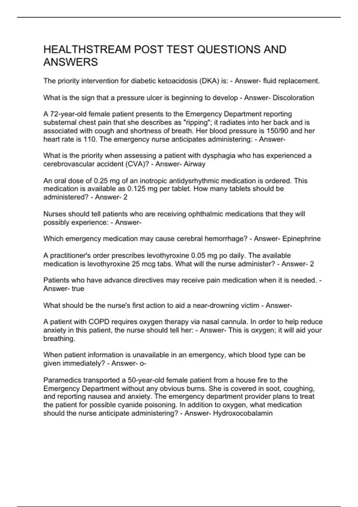 HEALTHSTREAM POST TEST QUESTIONS AND ANSWERS Healthstream Stuvia US