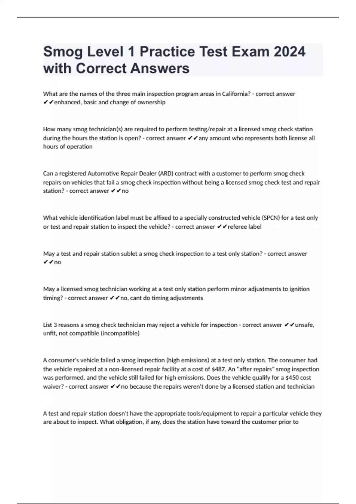 Smog Level 1 Practice Test Exam 2024 with Correct Answers - Smog Level ...