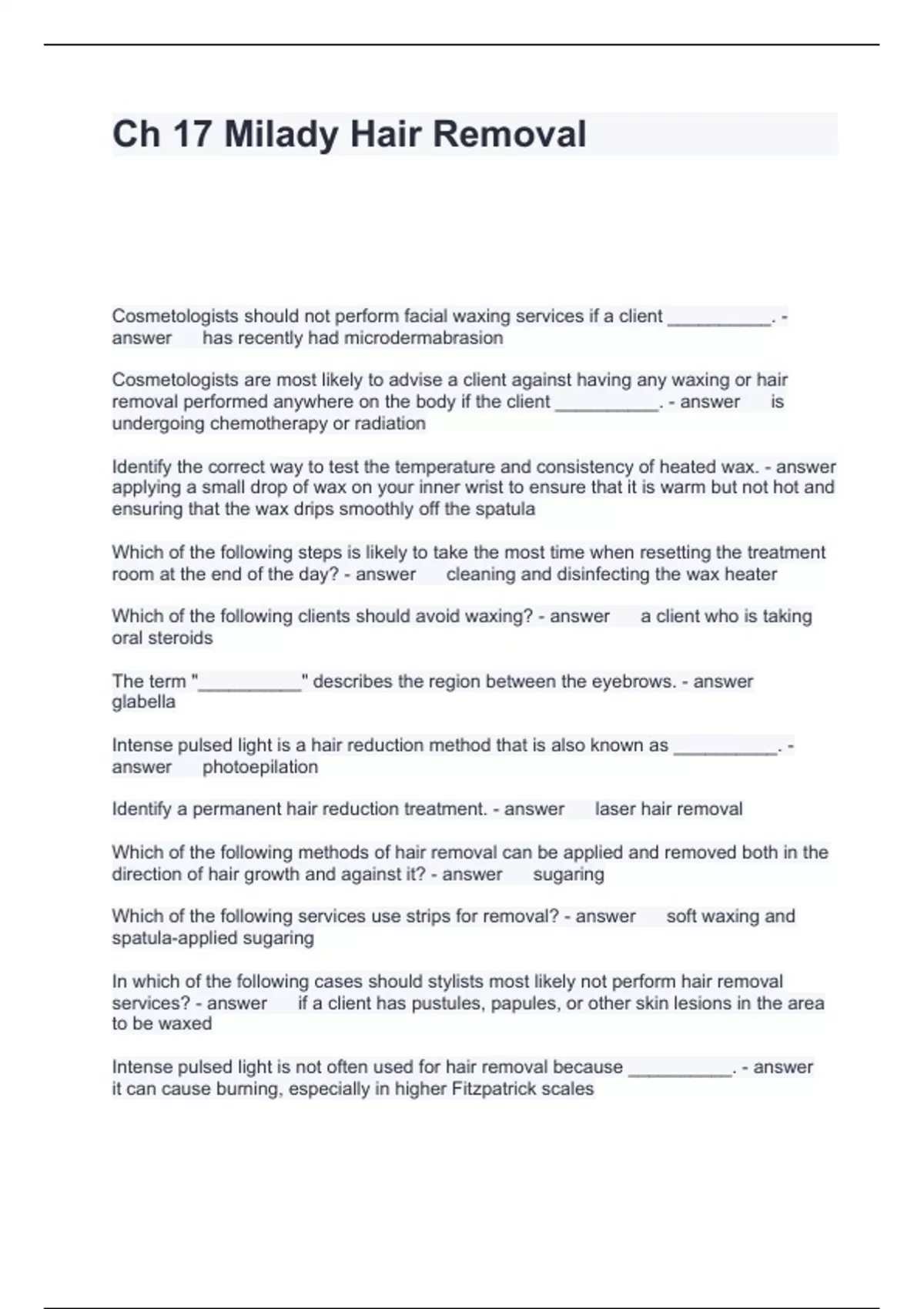 Ch 17 Milady Hair Removal Questions with correct Answers 2024 - Waxing - Stuvia US