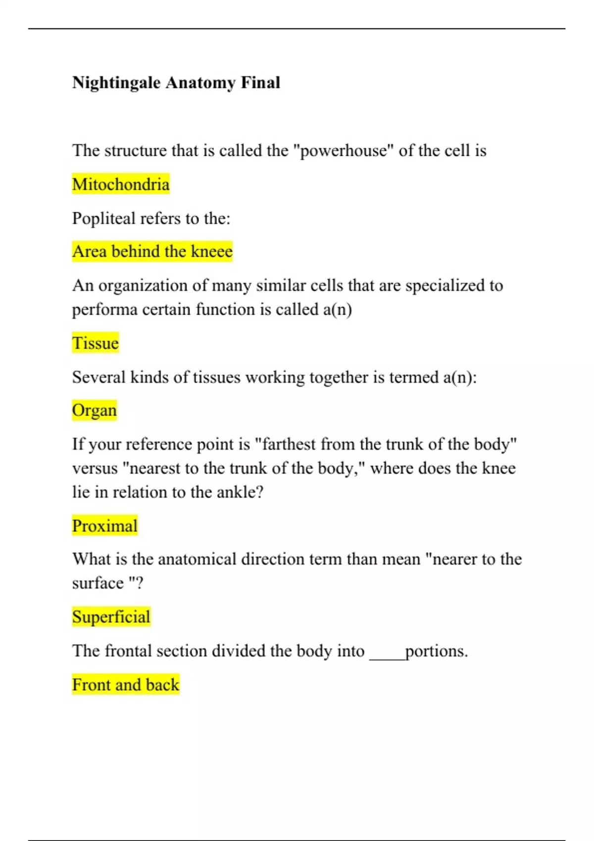 Nightingale Anatomy Final - Anatomy - Stuvia US
