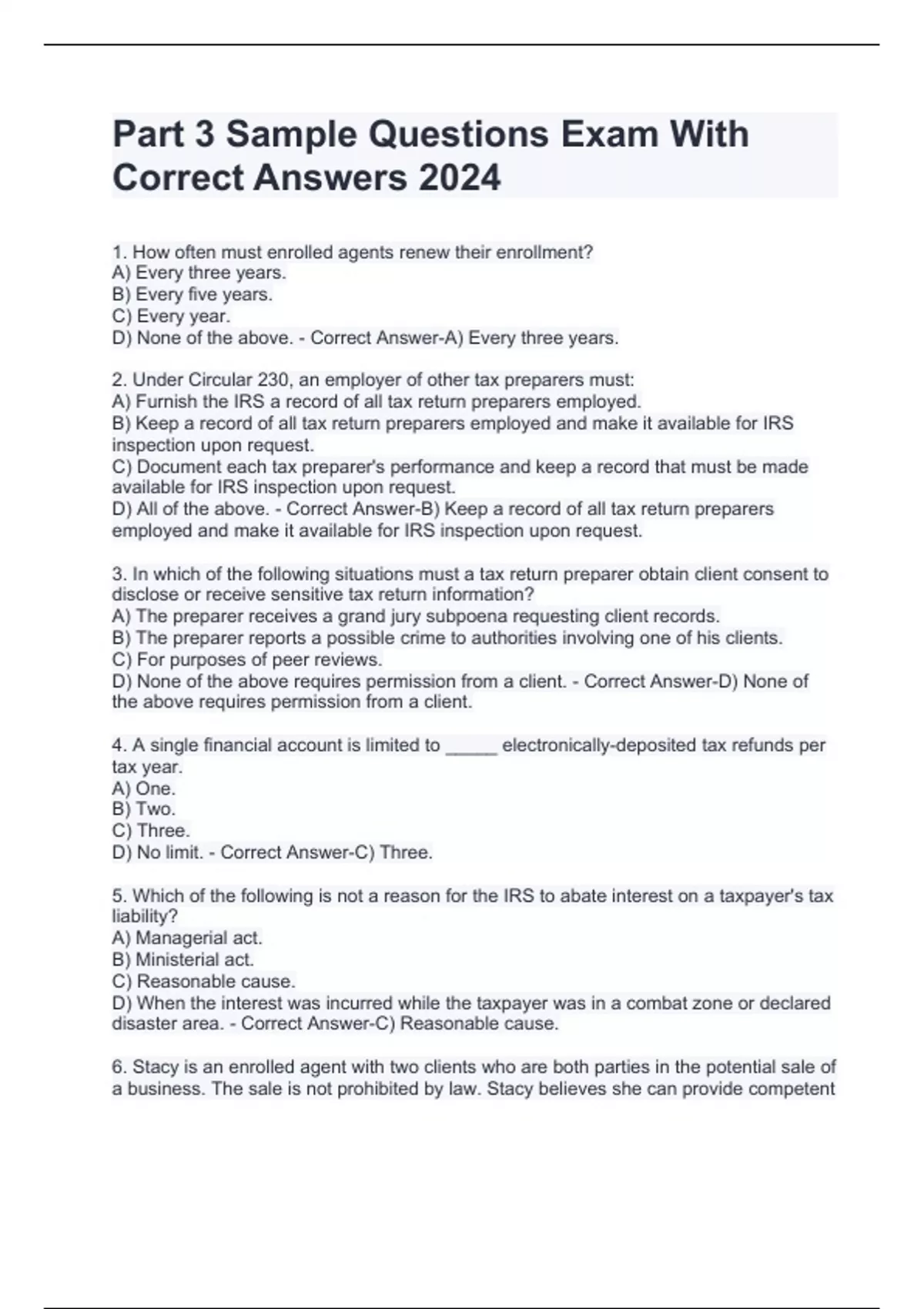 Part 3 Sample Questions Exam With Correct Answers 2024 - Part 3 - Stuvia US