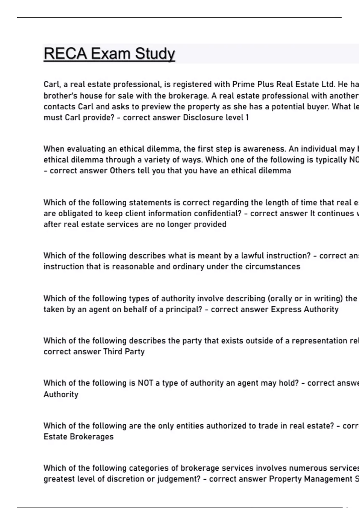 RECA Exam Study Questions and answers latest update - RECA - Stuvia US