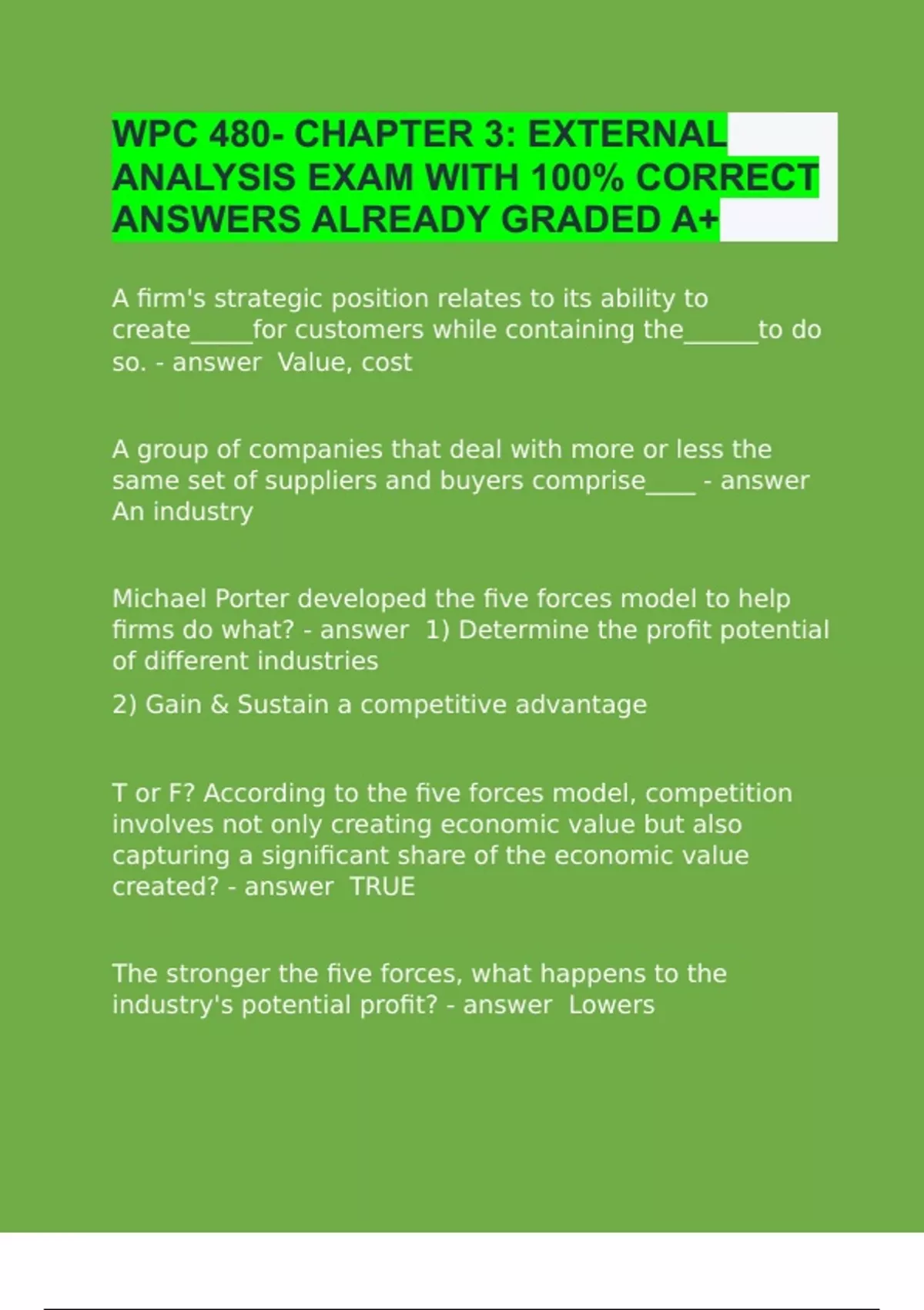 WPC 480- CHAPTER 3 EXTERNAL ANALYSIS EXAM WITH 100% CORRECT ANSWERS - WPC 480 - Stuvia US