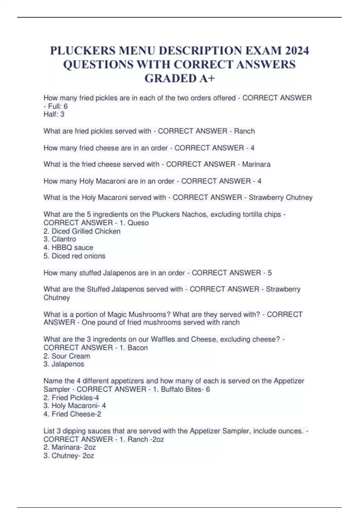 PLUCKERS MENU DESCRIPTION EXAM 2024 QUESTIONS WITH CORRECT ANSWERS ...