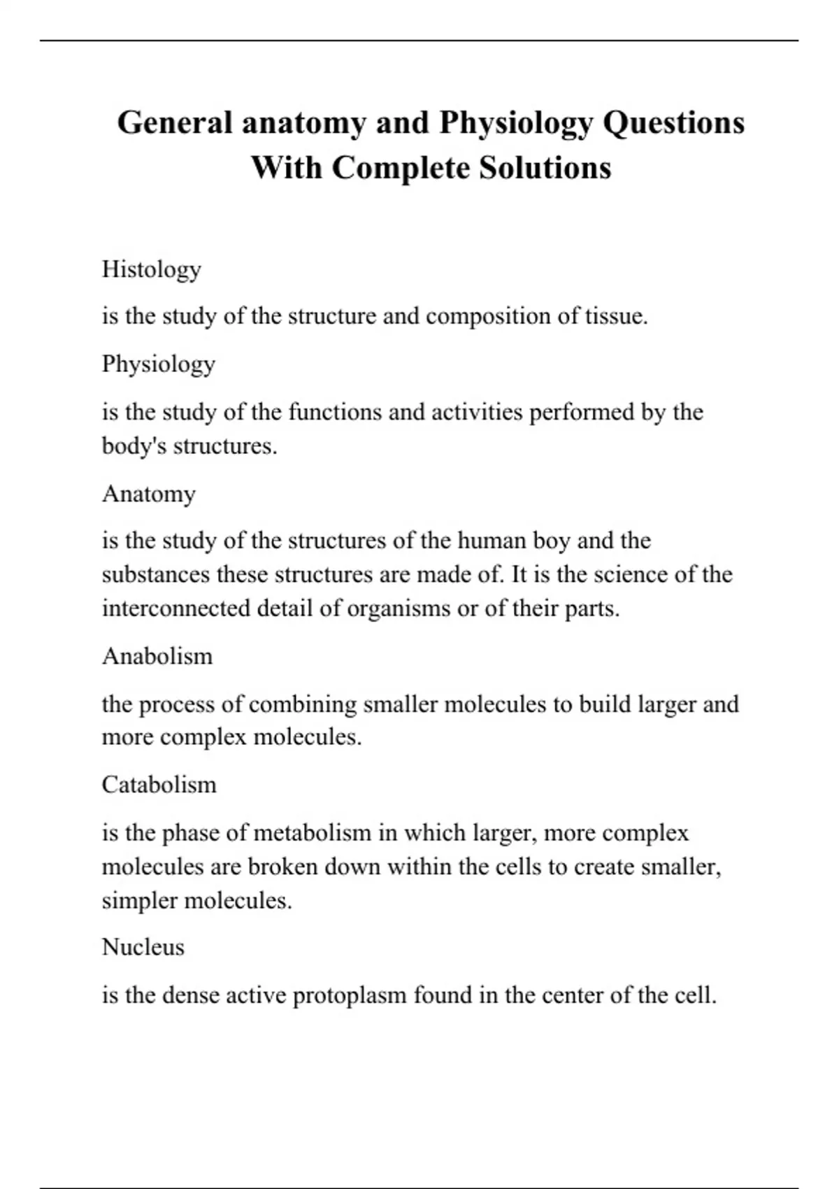 General anatomy and Physiology Questions With Complete Solutions ...
