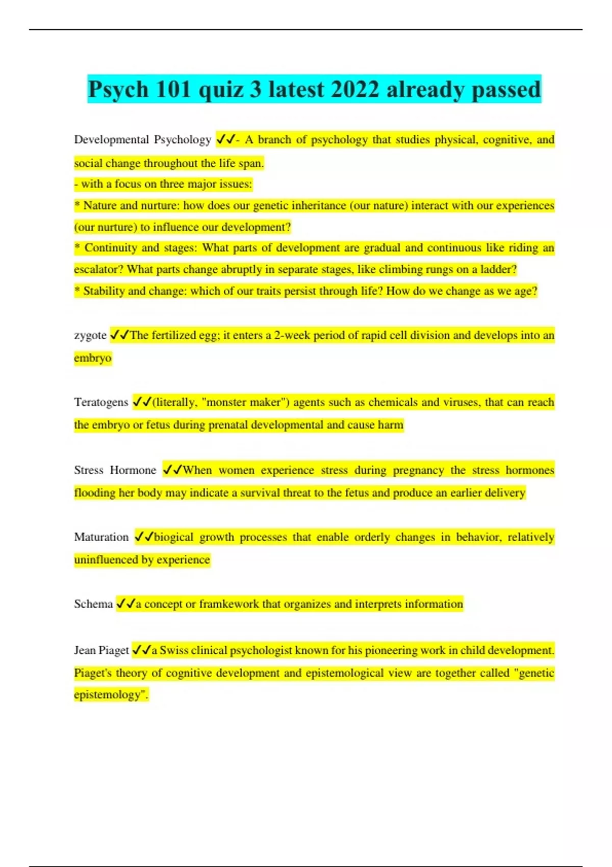 Psych 101 quiz 3 latest 2022 already passed - Psych 101 - Stuvia US