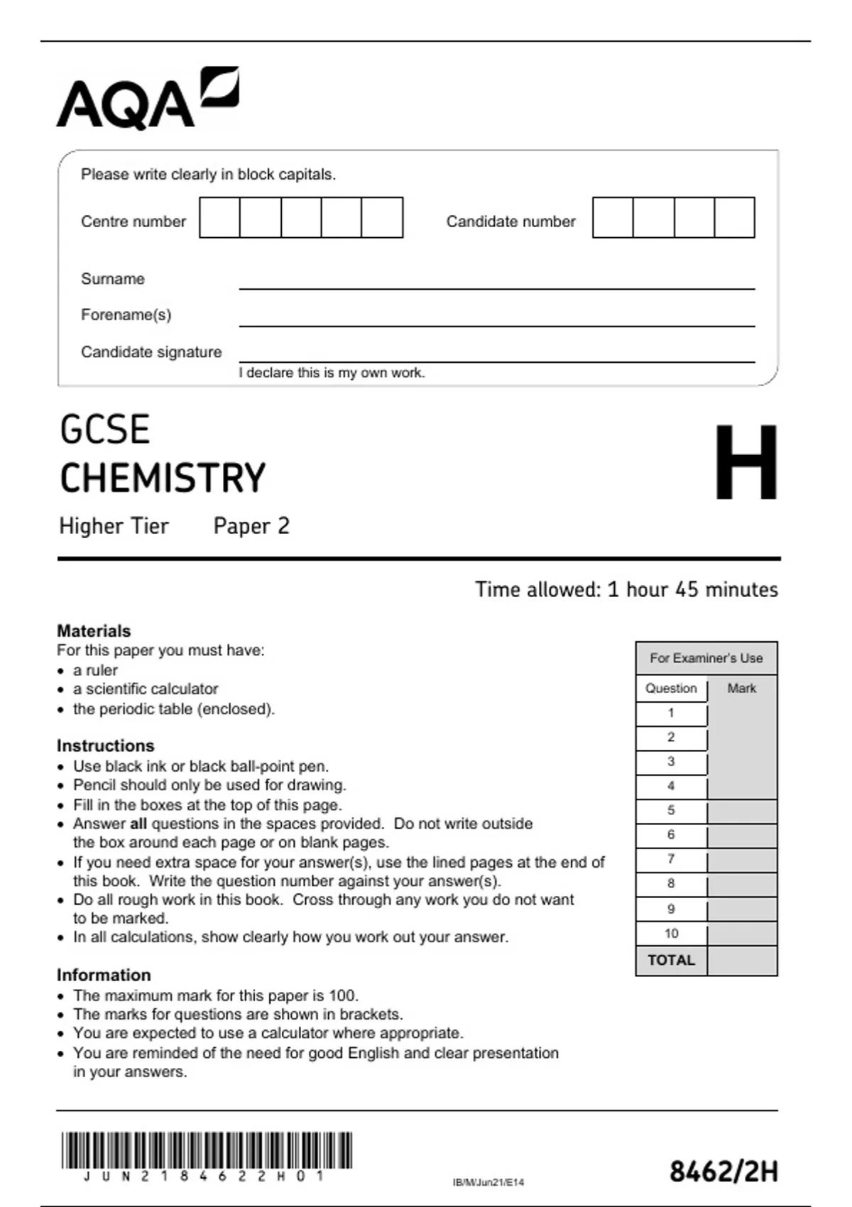 GCSE AQA Chemistry 8462 2H Paper 2 Higher Tier Answer Sheet - AQA ...