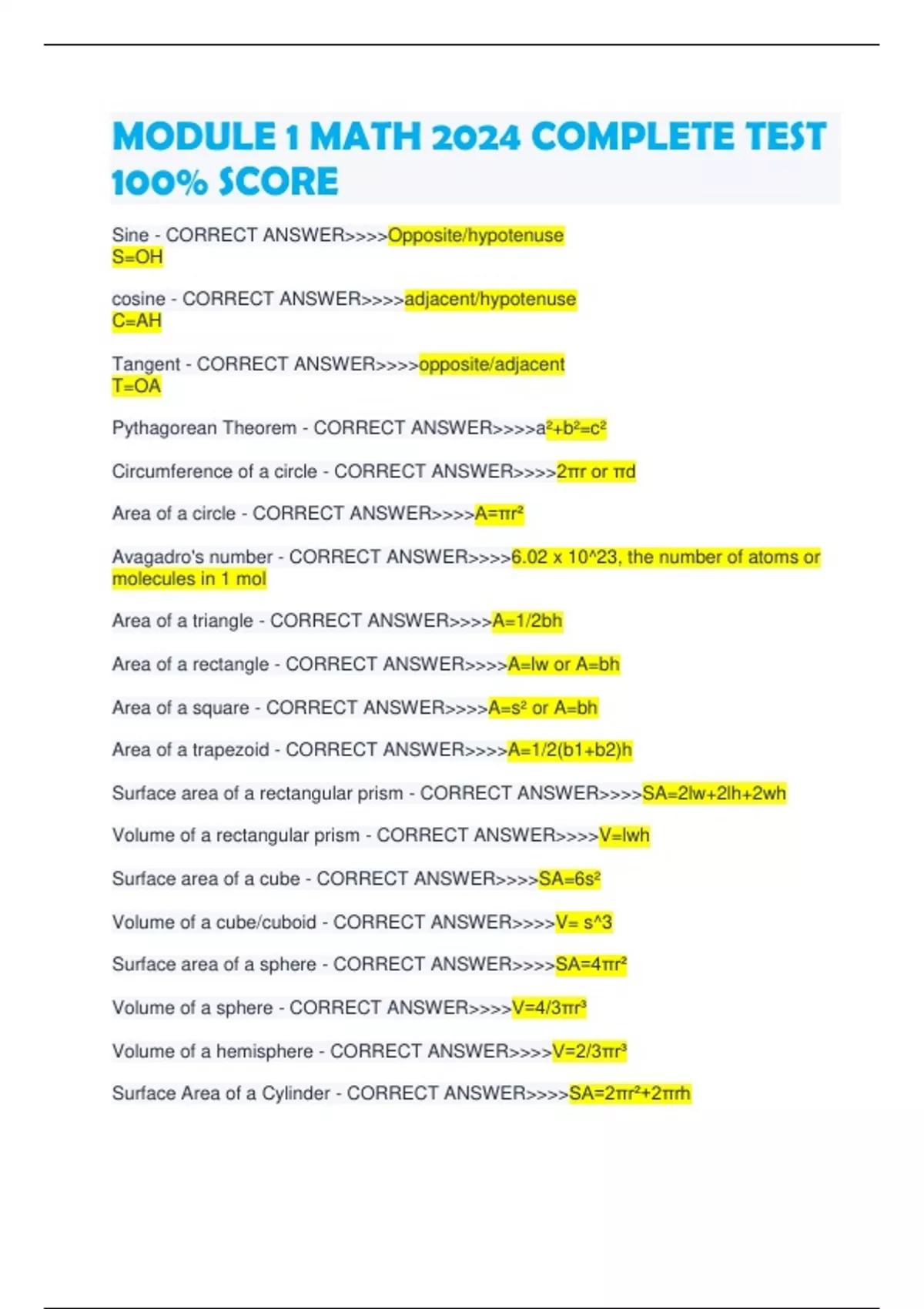 MODULE 1 MATH 2024 COMPLETE TEST 100% SCORE - MATH 2024 COMPLETE 100% ...