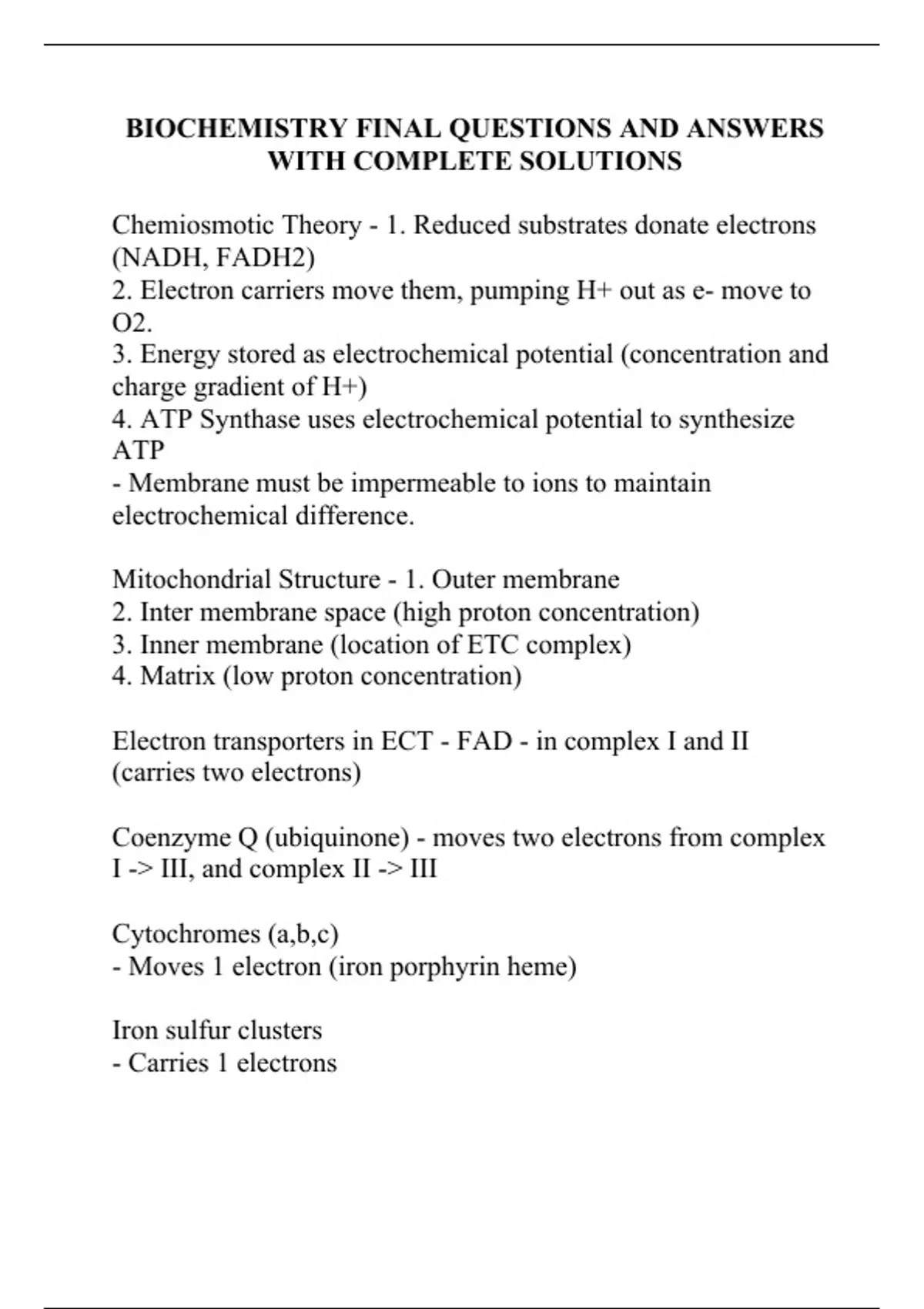 BIOCHEMISTRY FINAL QUESTIONS AND ANSWERS WITH COMPLETE SOLUTIONS ...