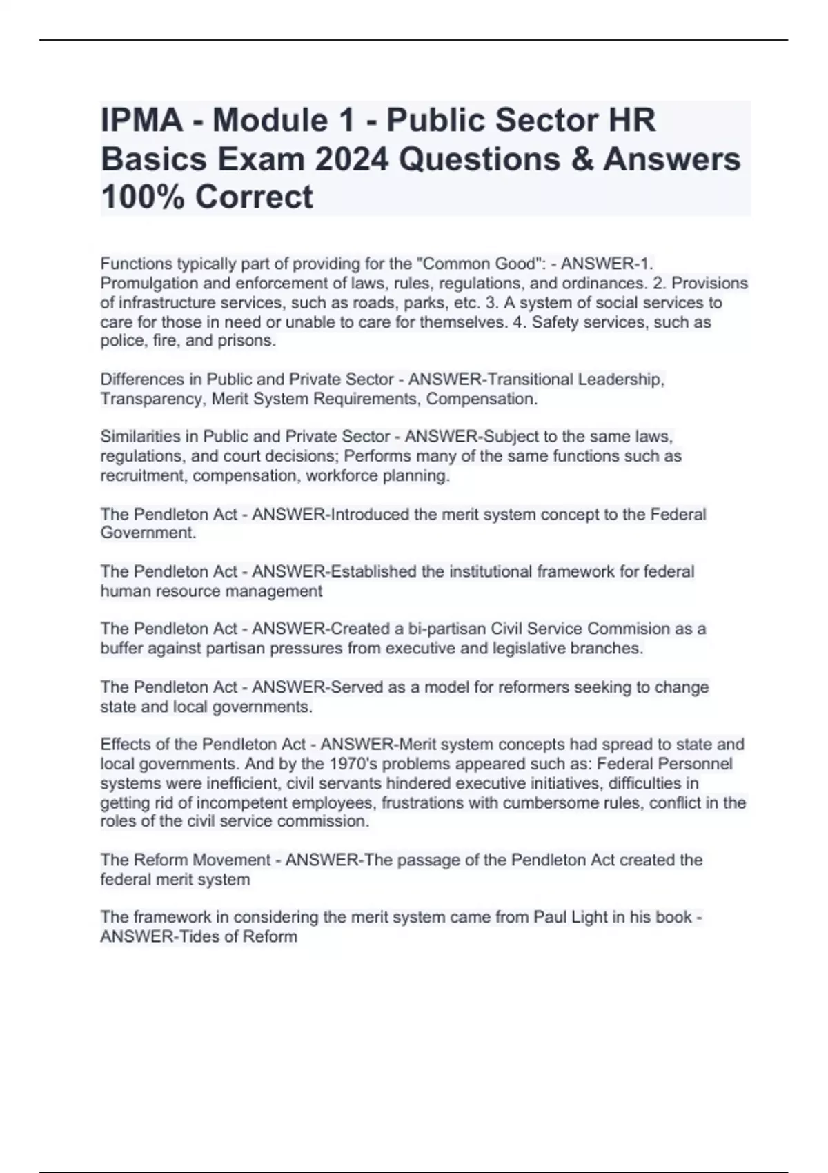 IPMA - Module 1 - Public Sector HR Basics Exam 2024 Questions & Answers 100% Correct - IPMA-SCP ...