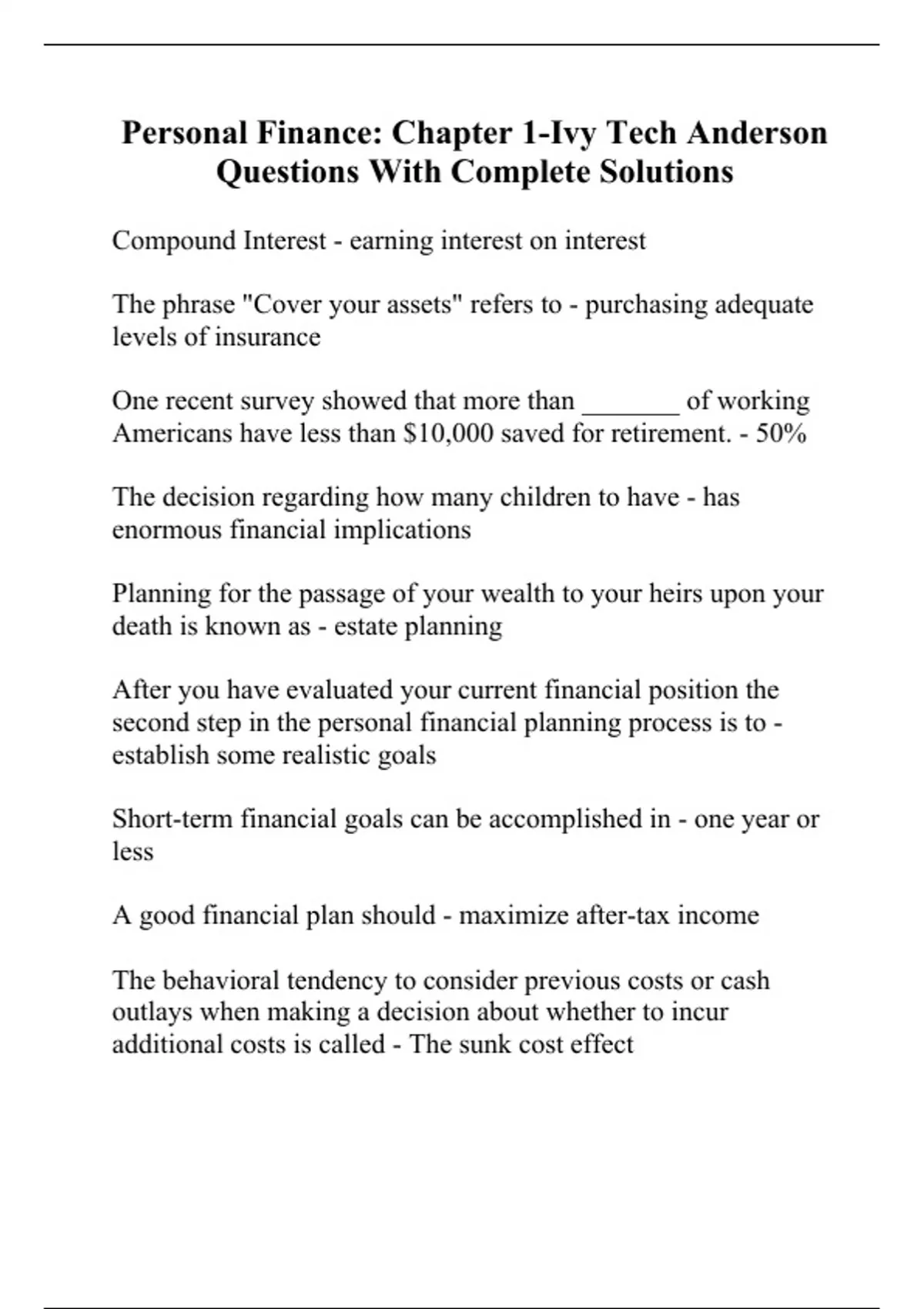 Personal Finance: Chapter 1-Ivy Tech Anderson Questions With Complete ...