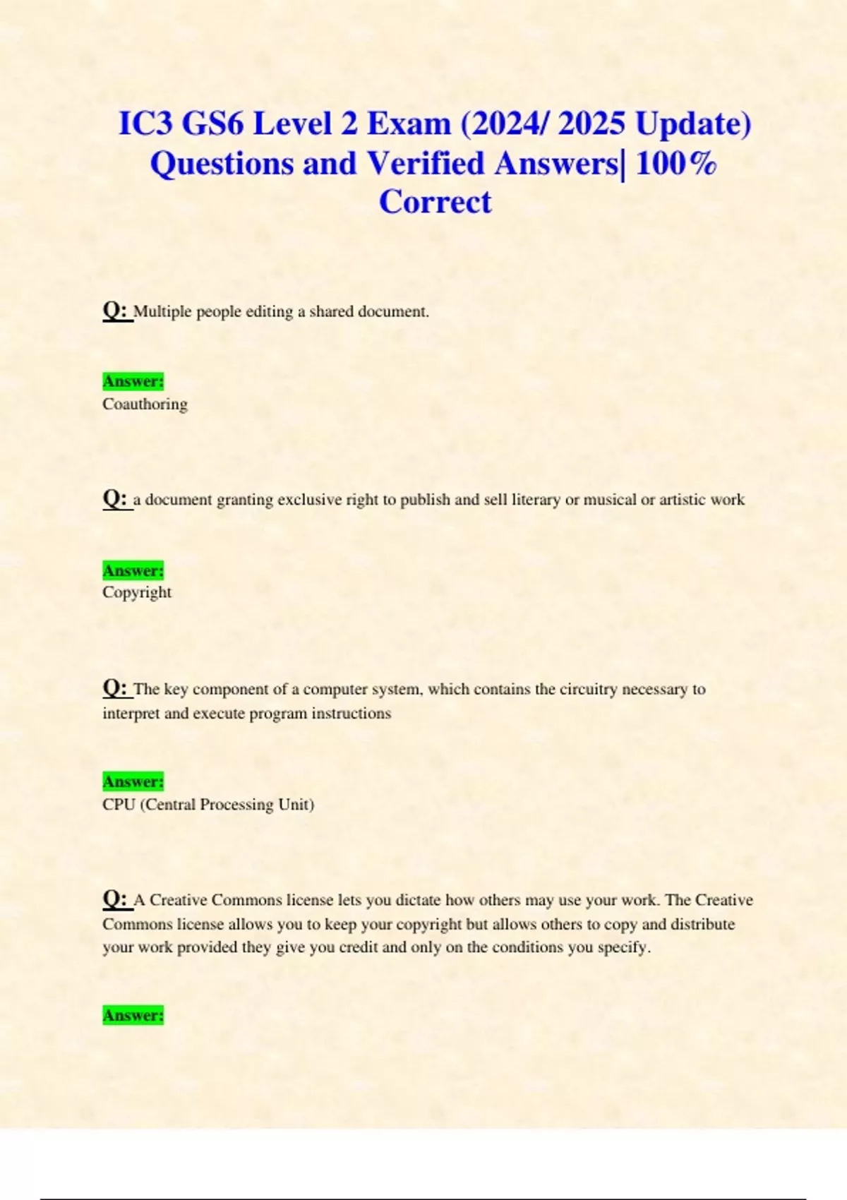 IC3 GS6 Level 2 Exam (2024/ 2025 Update) Questions and Verified Answers| 100% Correct - IC3 ...