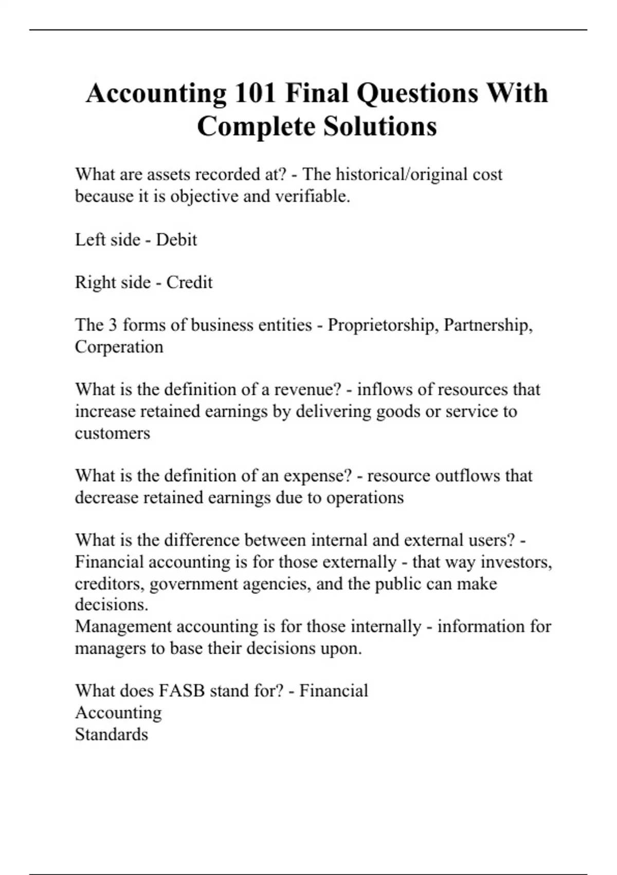 Accounting 101 Final Questions With Complete Solutions - ACCT ACCT 101 - Stuvia US