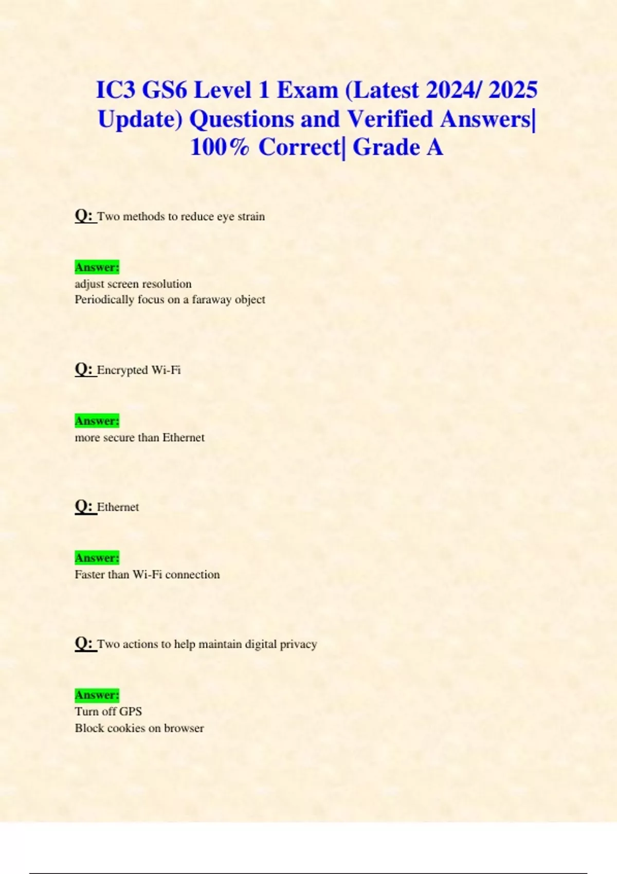 IC3 GS6 Level 1 Exam (Latest 2024/ 2025 Update) Questions and Verified ...
