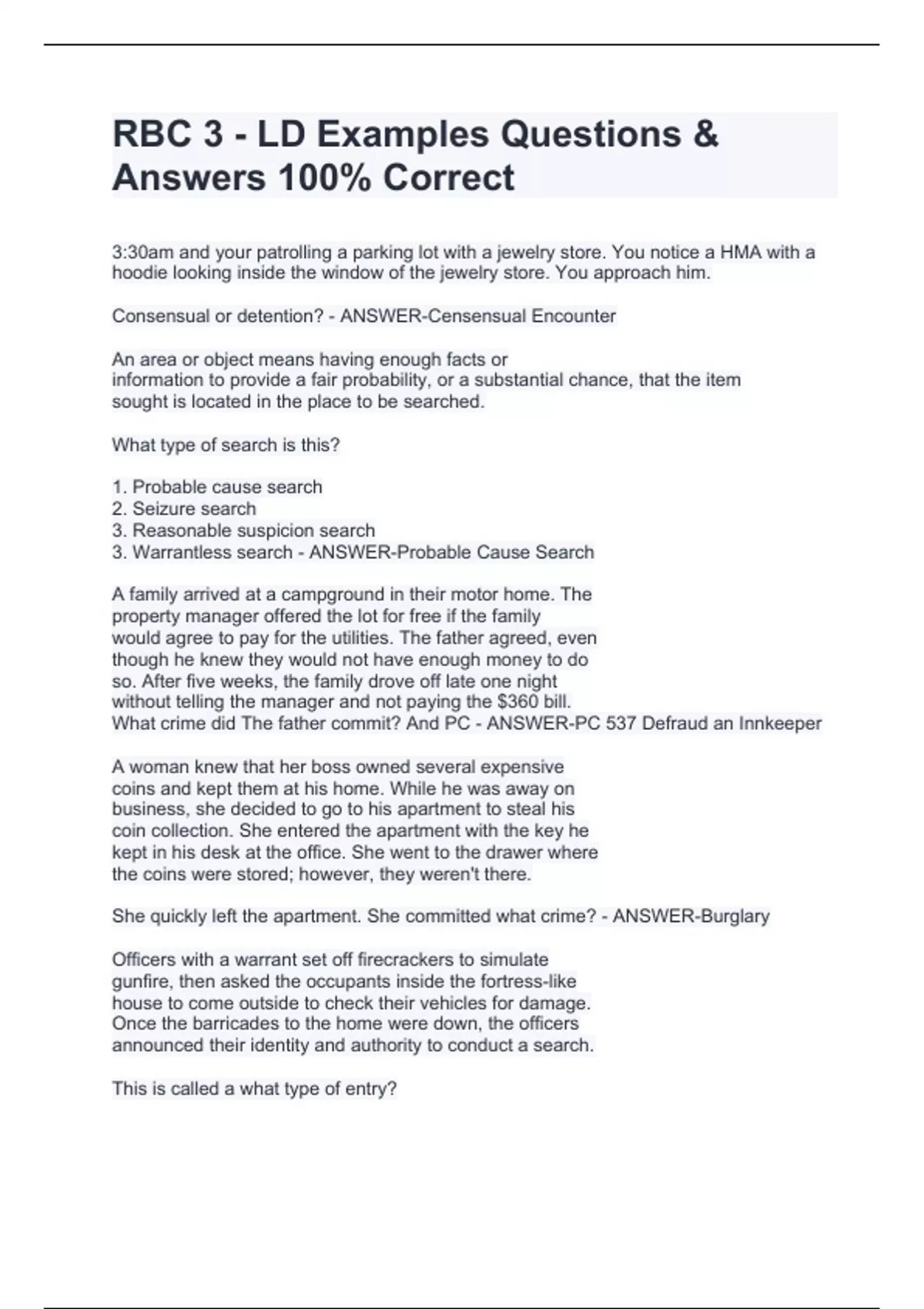 RBC 3 - LD Examples Questions & Answers 100% Correct - RBC 3 - Stuvia US