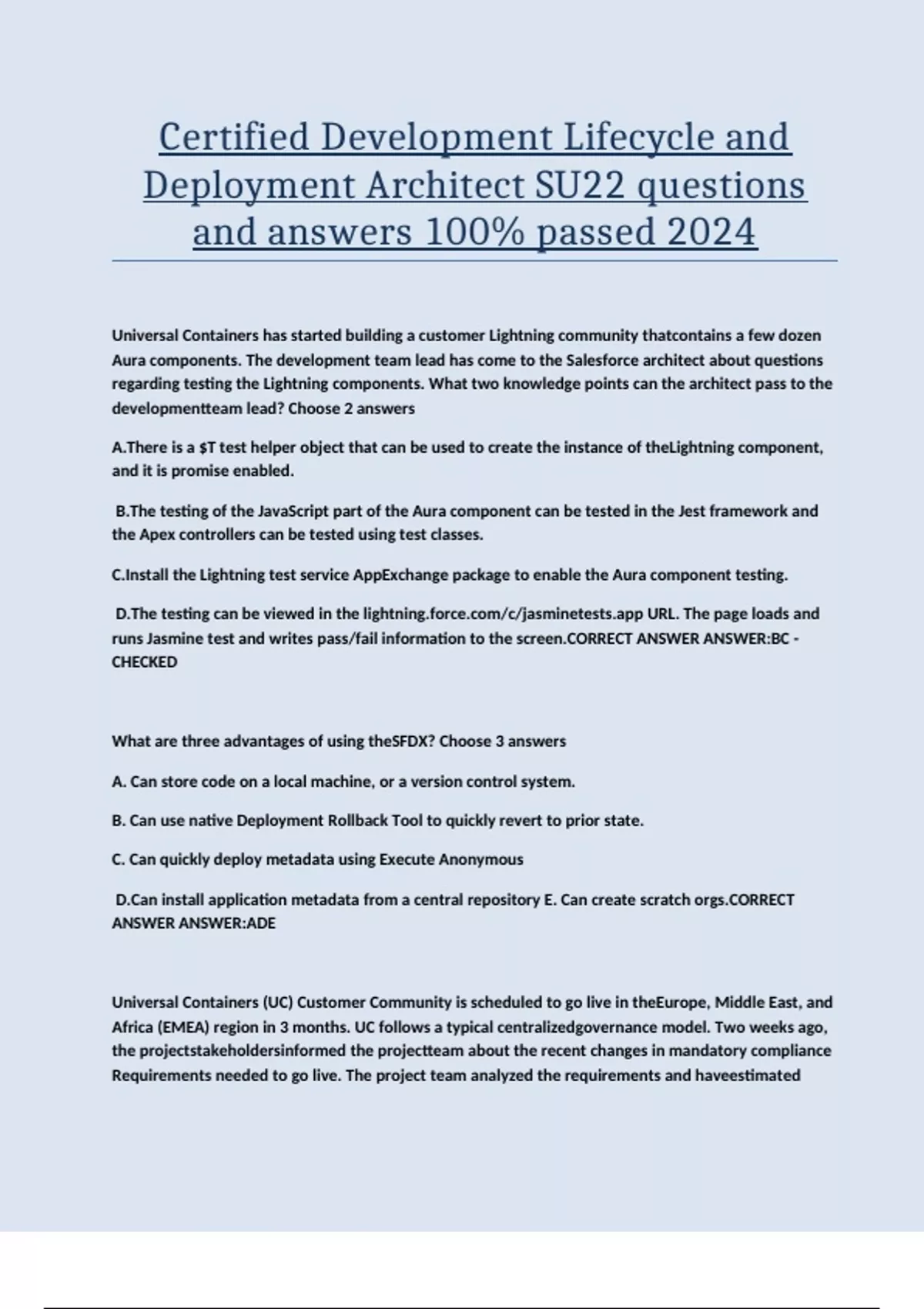 Certified Development Lifecycle And Deployment Architect Su22 Questions And Answers 100 Passed