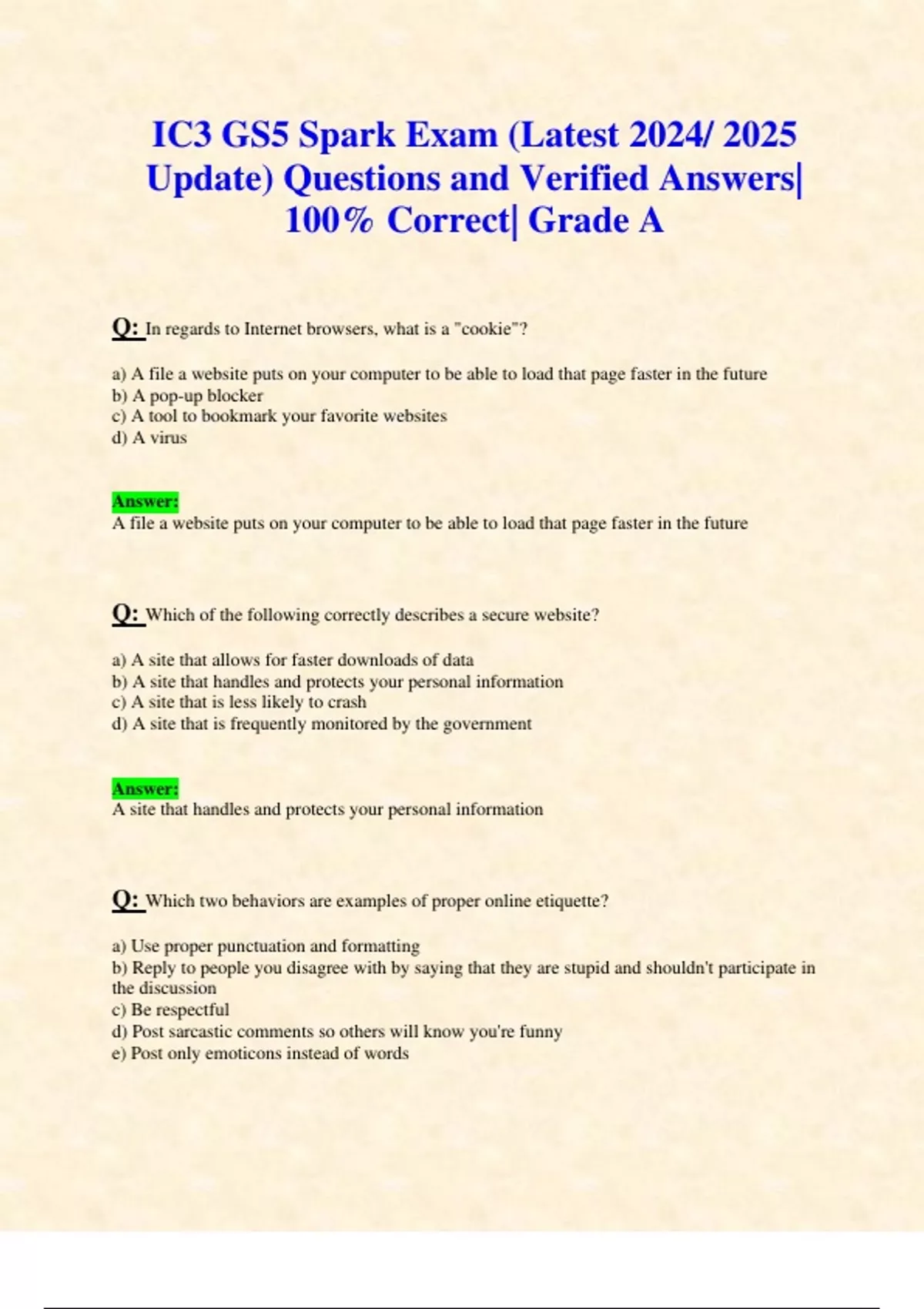 IC3 Spark Exam (Latest 2024/ 2025 Update) Questions and Verified ...
