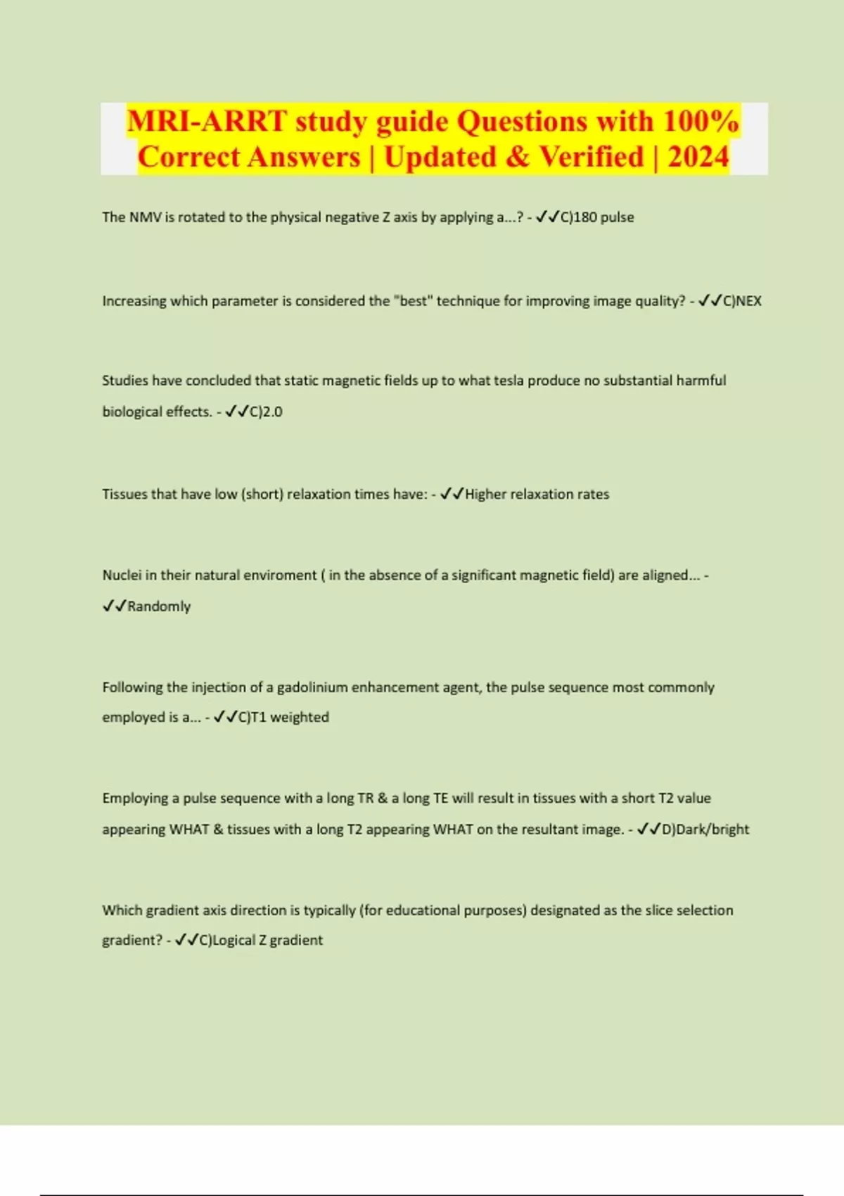 MRI-ARRT study guide Questions with 100% Correct Answers | Updated & Verified | 2024 - MRI-ARRT ...