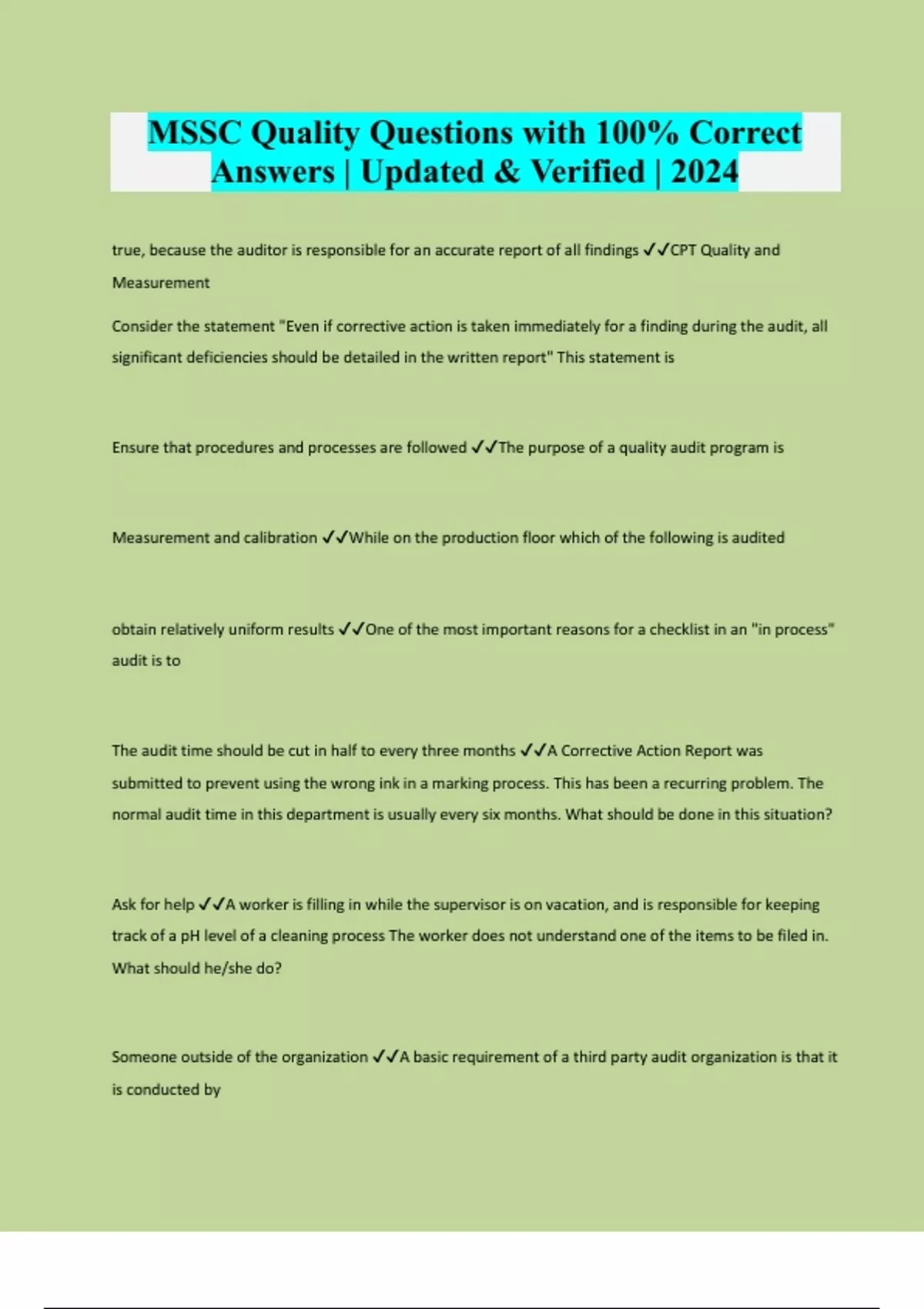 MSSC Quality Questions with 100% Correct Answers | Updated & Verified | 2024 - MSSC Safety ...