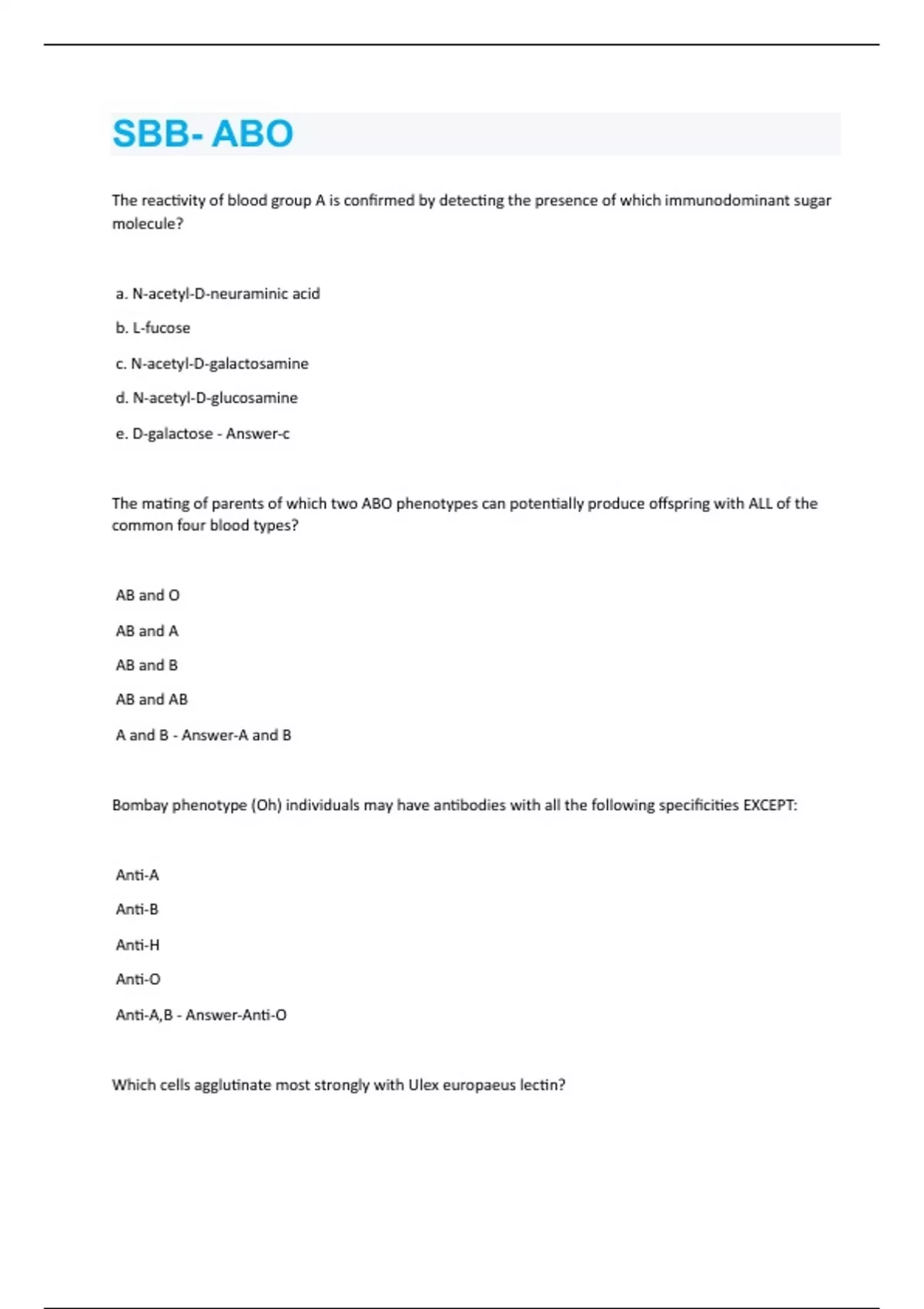SBB- ABO QUESTIONS WITH ALL CORRECT SOLUTIONS!! - SBB- ABO - Stuvia US