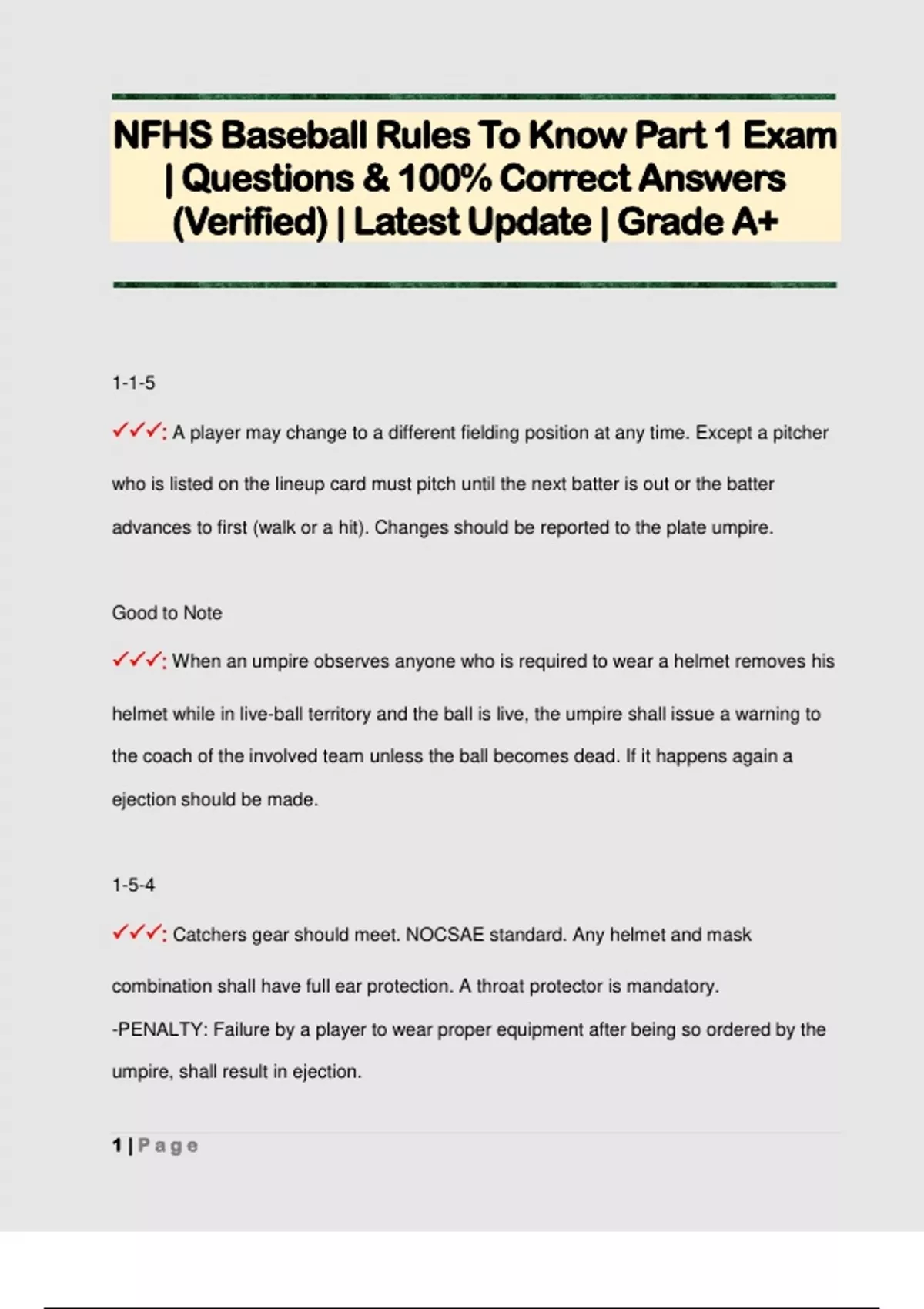 NFHS Baseball Rules To Know Part 1 Exam | Questions & 100% Correct ...